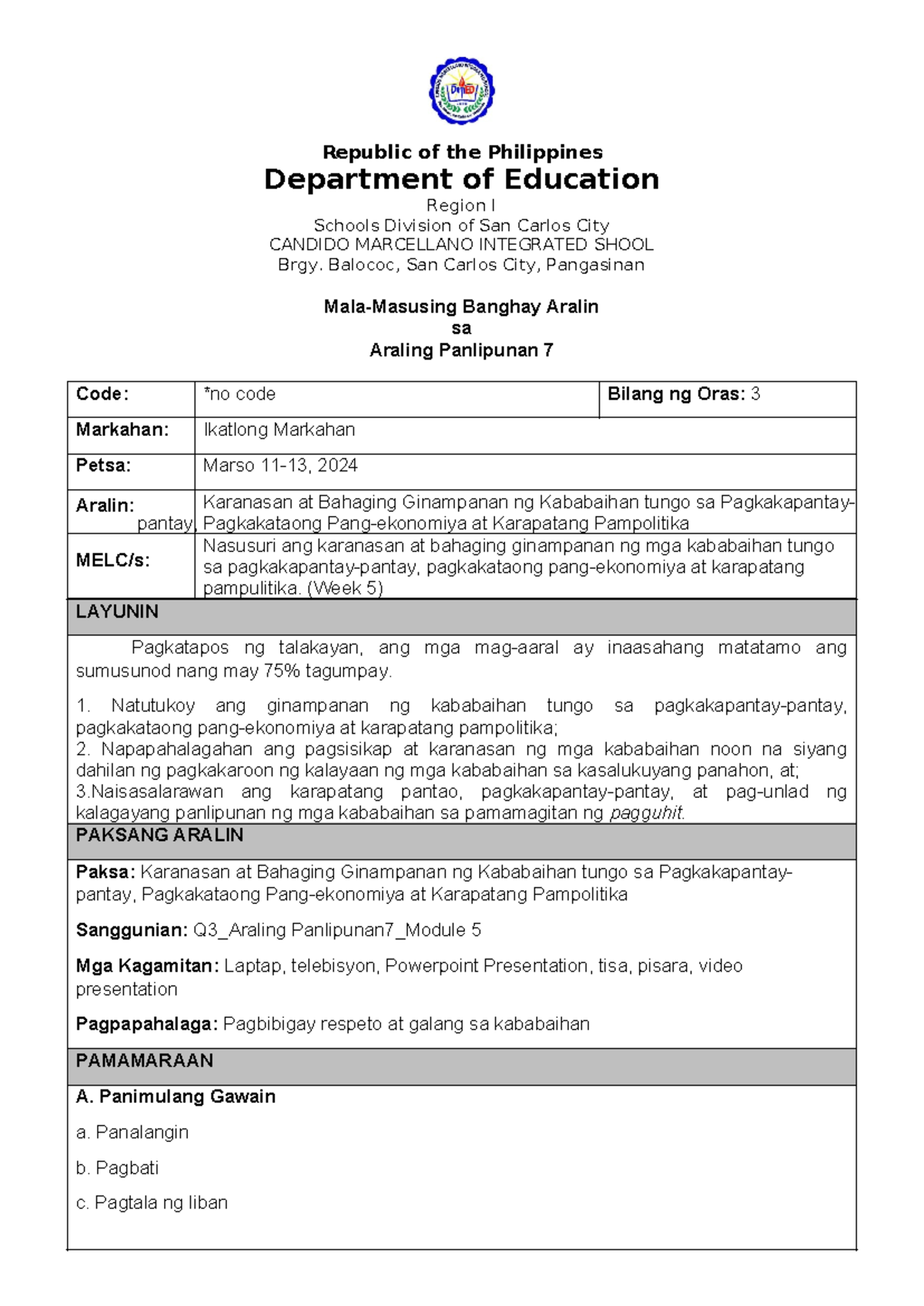 GRADE 7 Q3 LESSON PLAN - Republic of the Philippines Department of ...