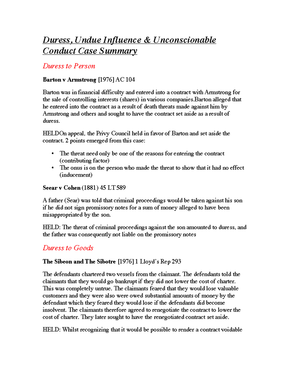 Duress, Undue Influence & Unconscionable Conduct Case Summary - Barton ...