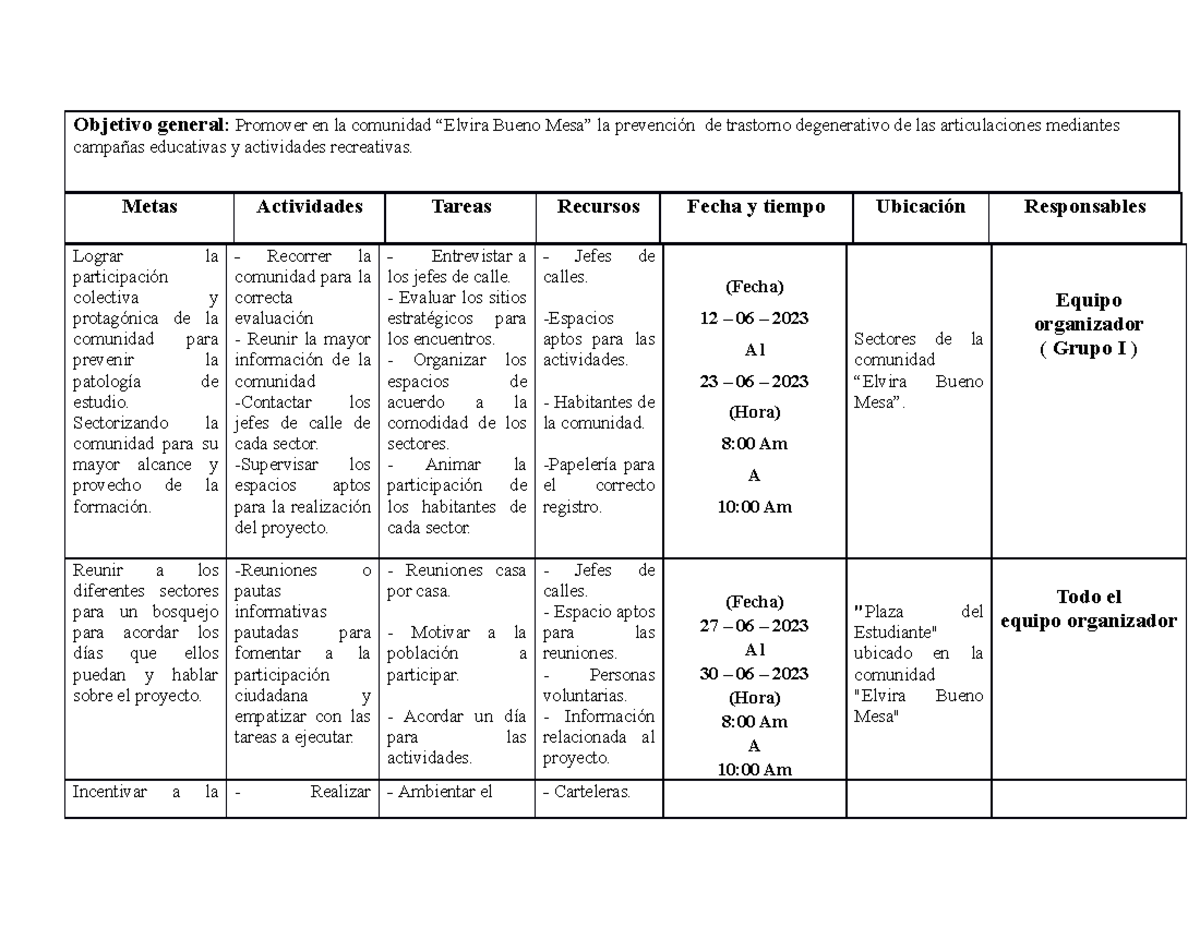 Proyecto - plan de accion - Proyecto socio integrador - UNERG - Studocu