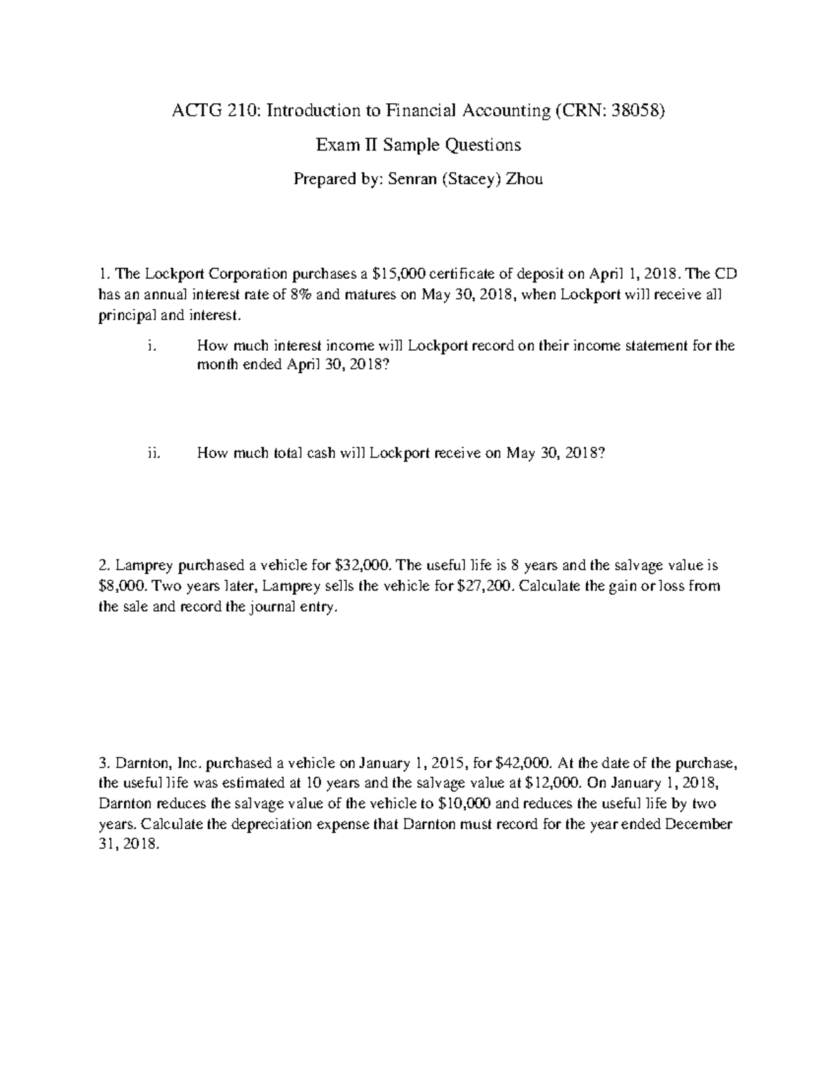 Exam 2 Sample Questions - ACTG 210: Introduction to Financial ...