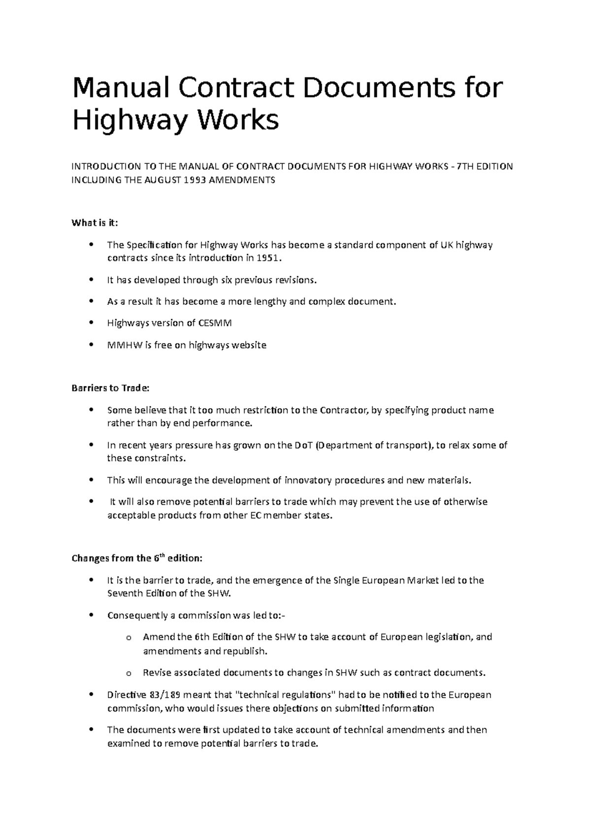 Lecture Notes for exam - Manual contract documents for highway works ...