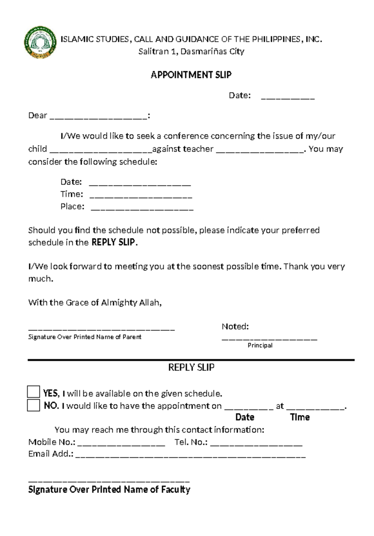 Appointment SLIP - Slip - ISLAMIC STUDIES, CALL AND GUIDANCE OF THE ...