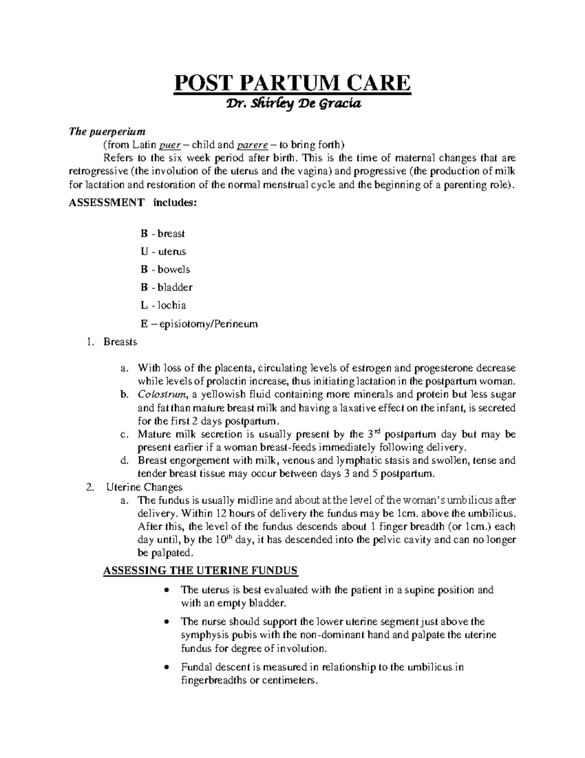 89540 wlj2 POST Partum CARE Notes - POST PARTUM CARE Dr. Shirley De ...