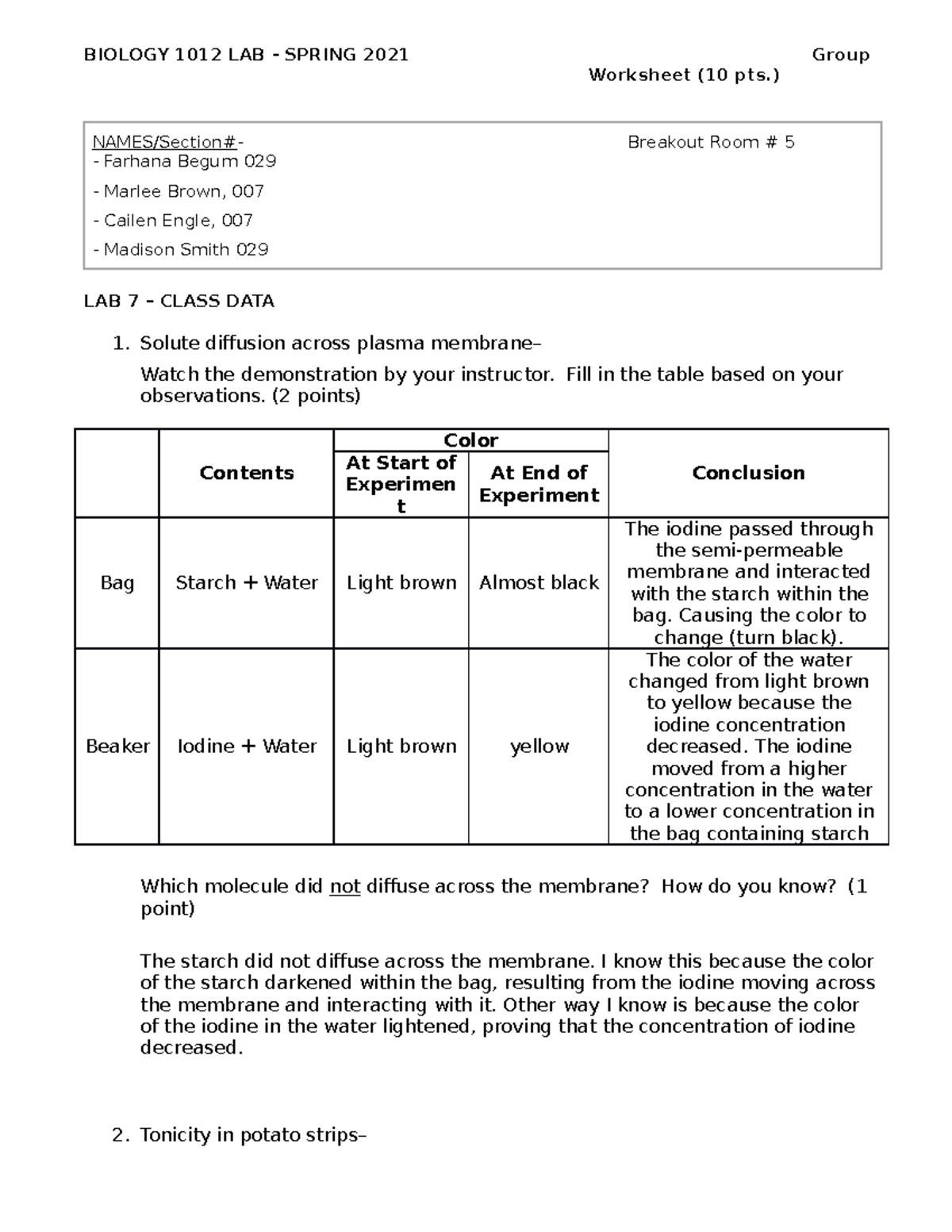 Lab 7 Group Worksheet - BIOLOGY 1012 LAB - SPRING 2021 Group Worksheet ...