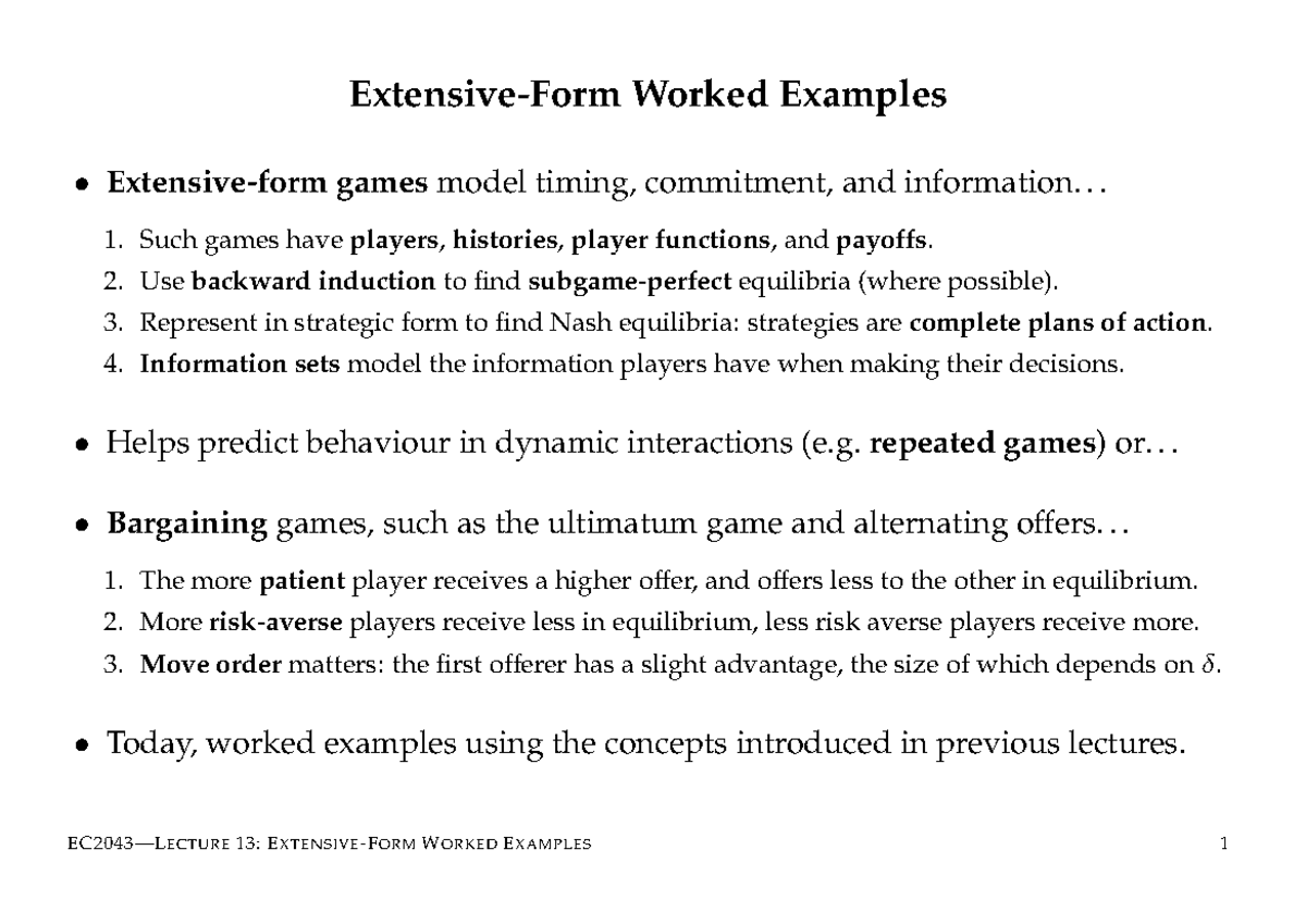 Lectures 13 - 15 Game Theory 1 - Extensive-Form Worked Examples ...