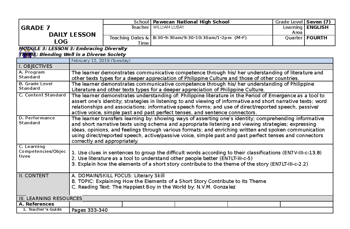 DLL-Template - lesson plan - GRADE 7 DAILY LESSON LOG School Pawecan ...