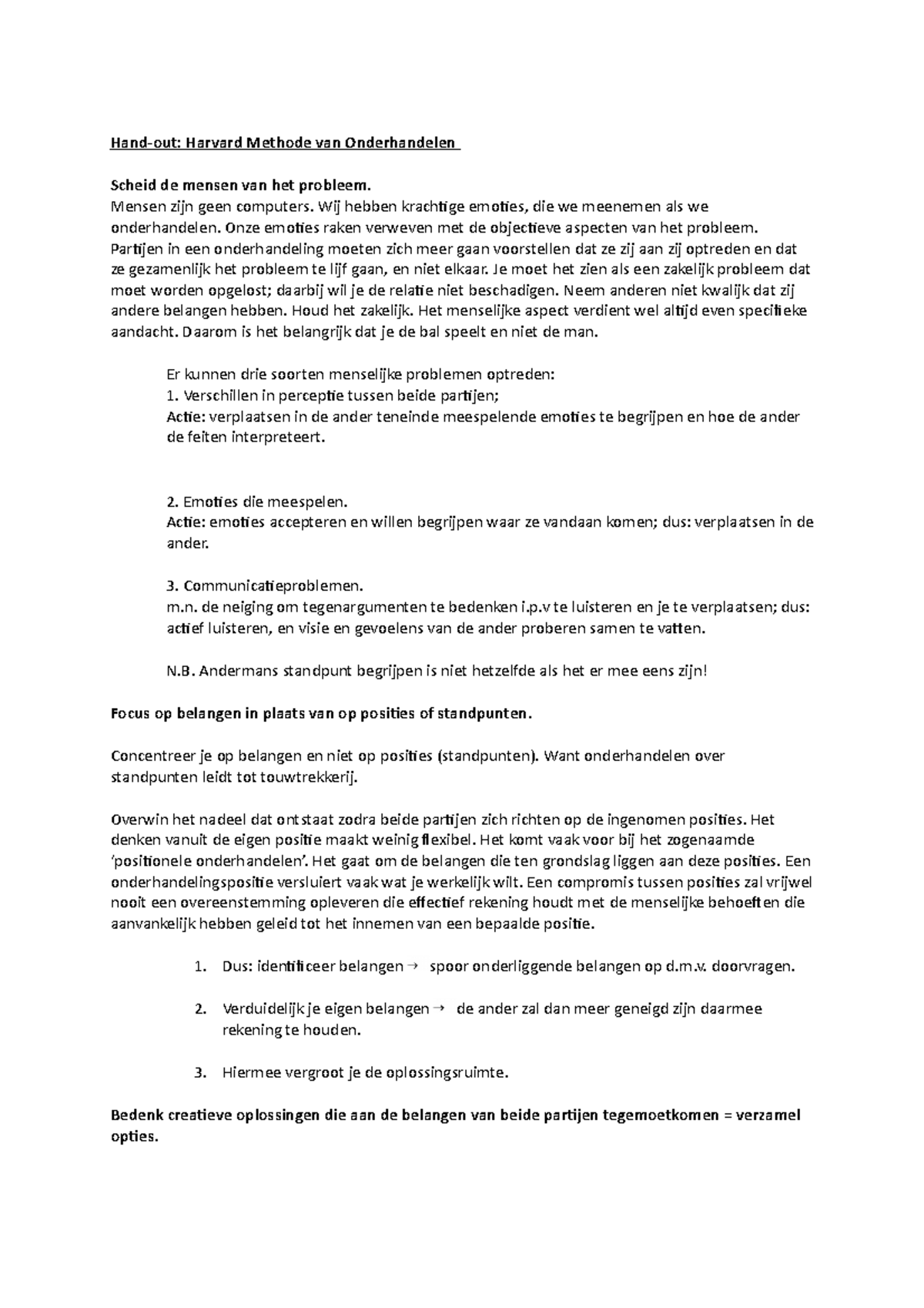 Harvard methode Onderhandelen - Hand-out: Harvard Methode van ...