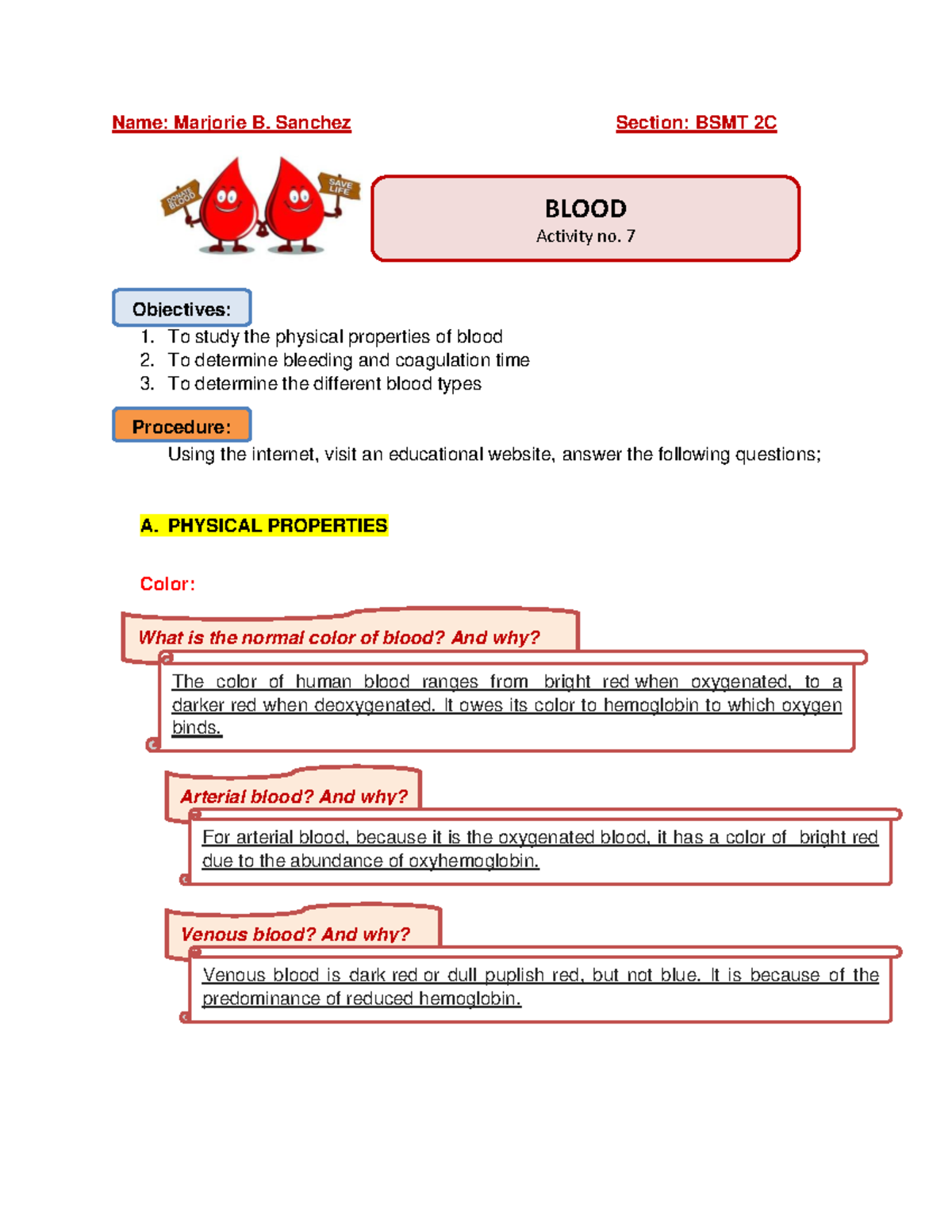 Blood- Laboratory - Name: Marjorie B. Sanchez Section: BSMT 2C To study ...