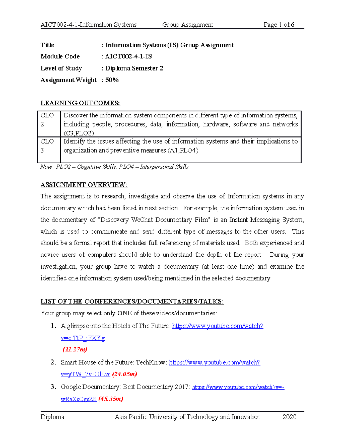 IS 2020 VD1 Assignment Question - Title : Information Systems (IS) Group Assignment Module Code ...