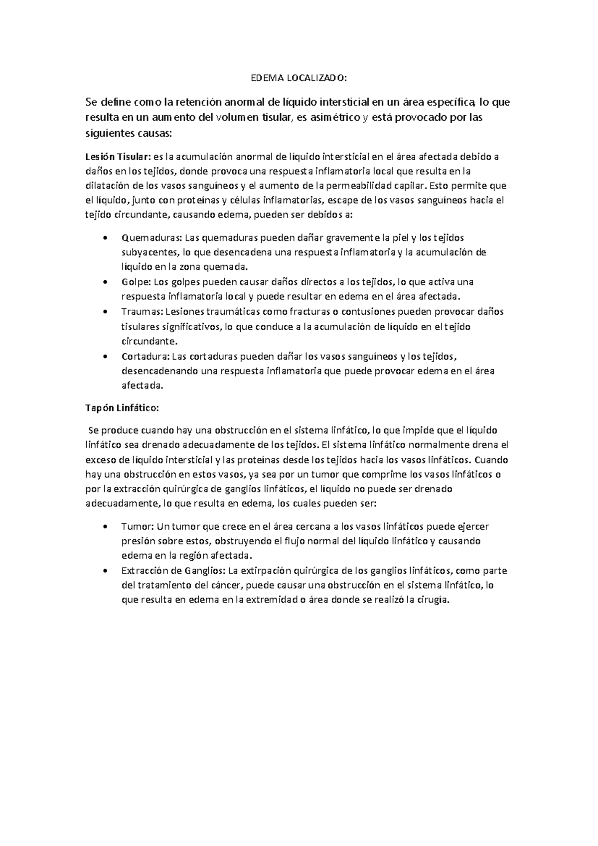 Edema Localizado - Apunte - EDEMA LOCALIZADO: Se define como la ...