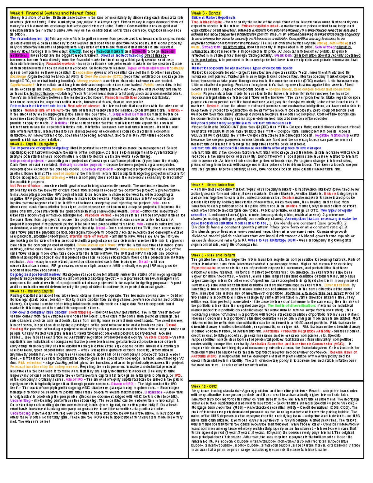 ACST101 Cheat Sheet - Week 1: Financial Systems and Interest Rates Week ...