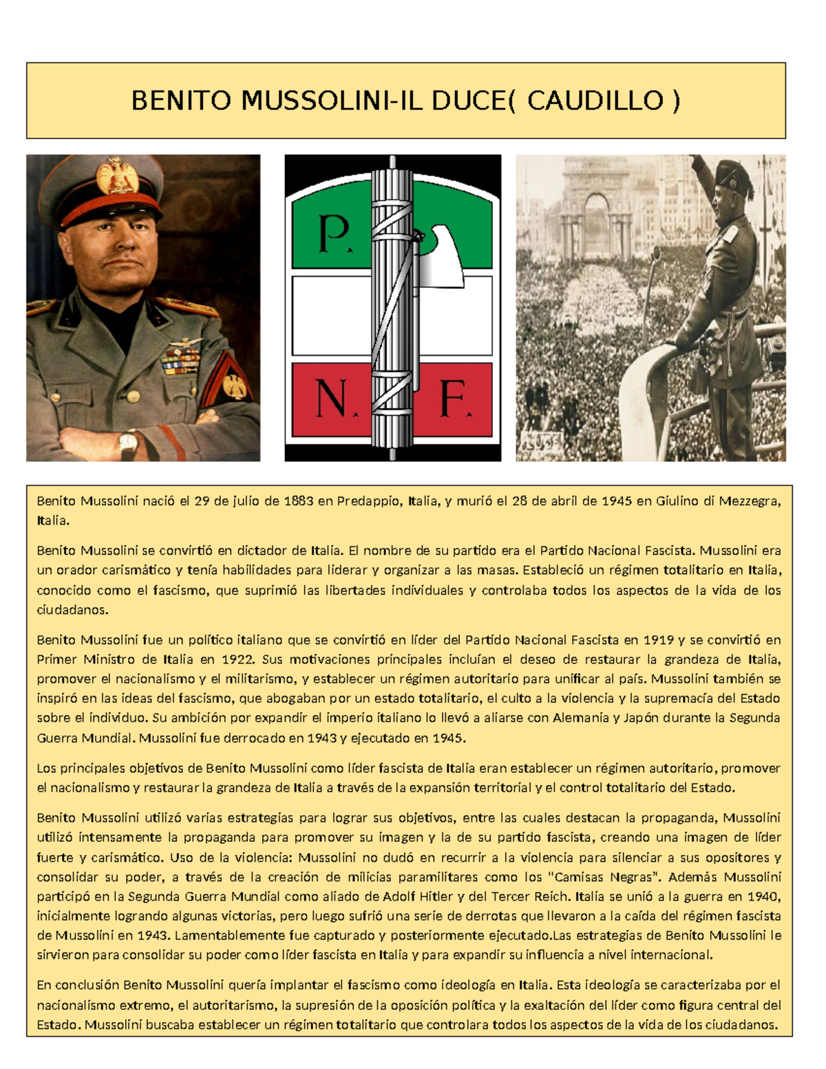 Biografía Benito Mussolini - Benito Mussolini nació el 29 de julio de ...