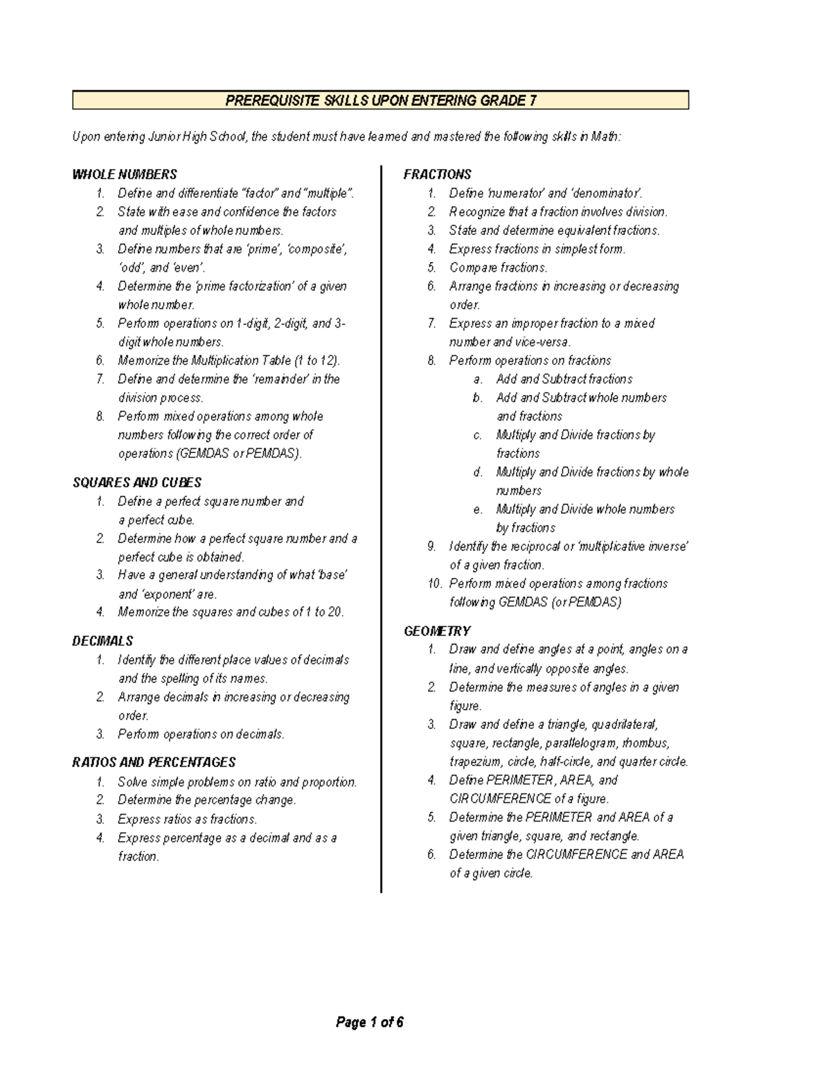 00 Prerequisite Skills Worksheet Answer Key - PREREQUISITE SKILLS UPON ...