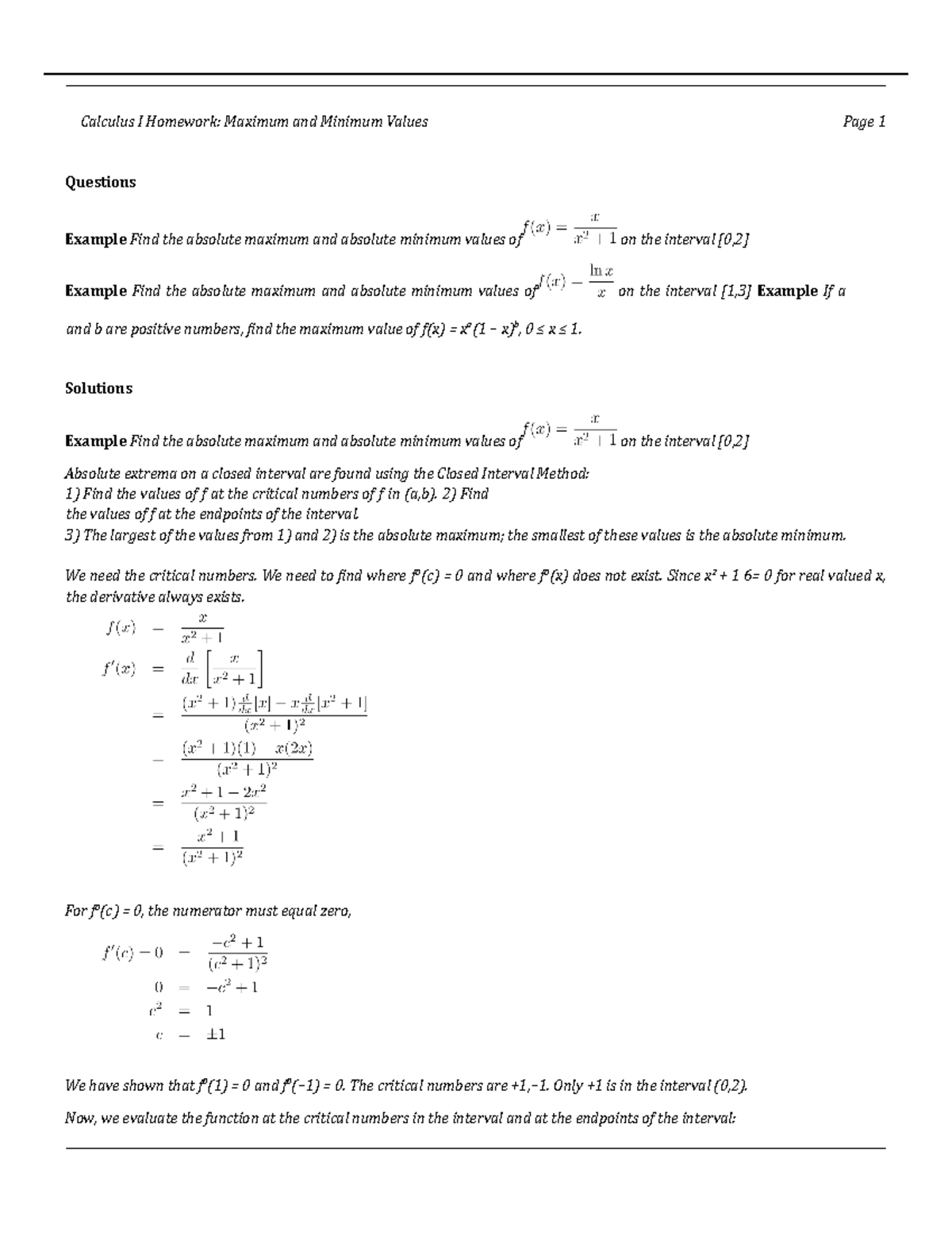 4 - Lecture Notes - Questions Example Find the absolute maximum and ...