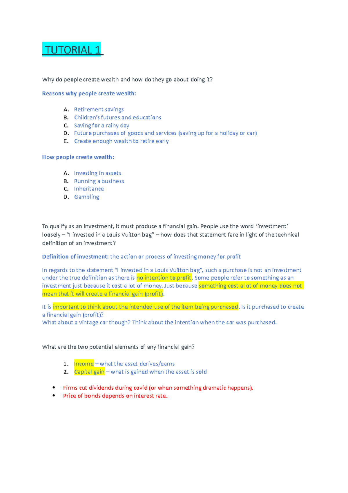 Tutorial Qns and Ans - grade 6 - TUTORIAL 1 Why do people create wealth and how do they go about ...