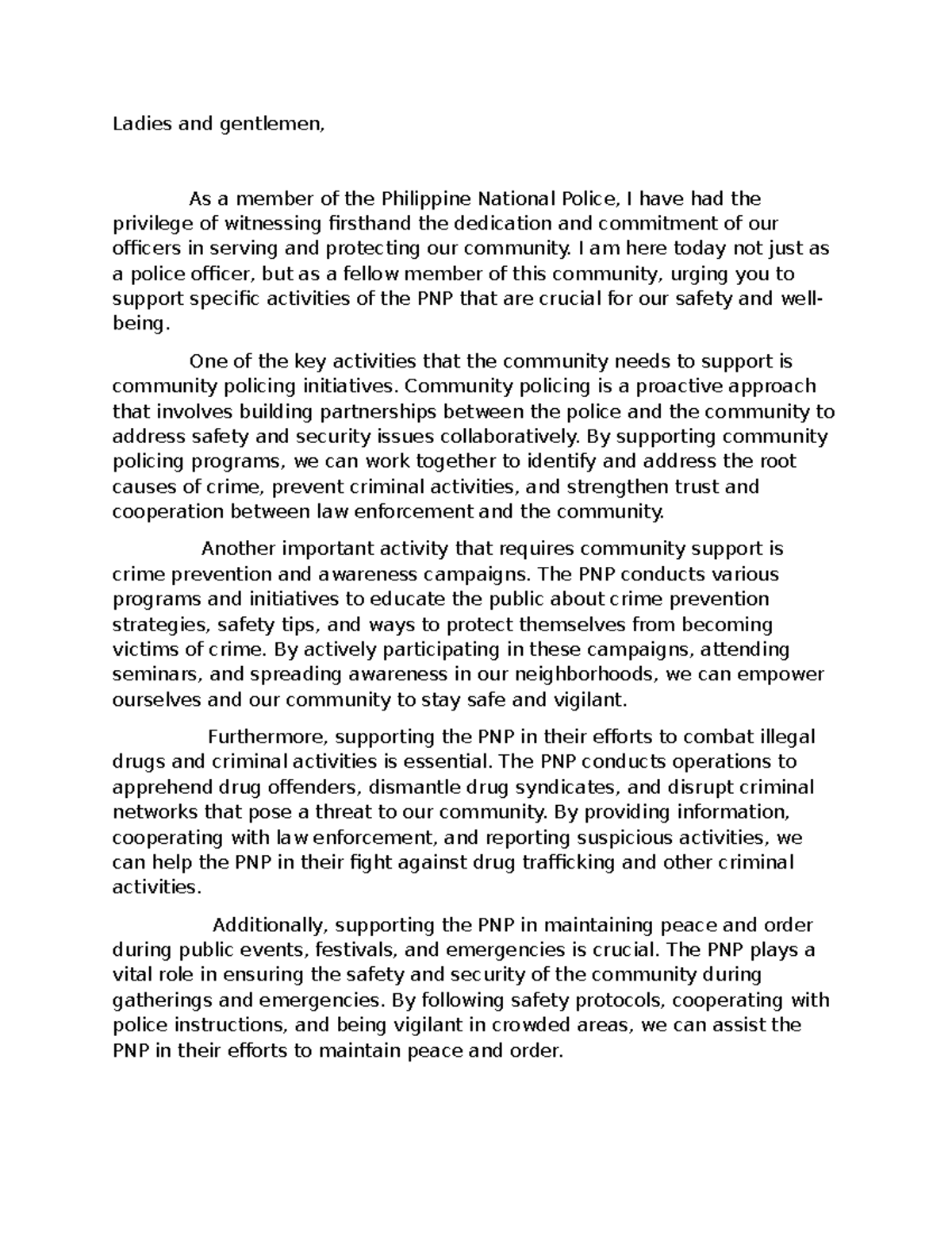 Persuasive Speech-PNP - Ladies and gentlemen, As a member of the ...