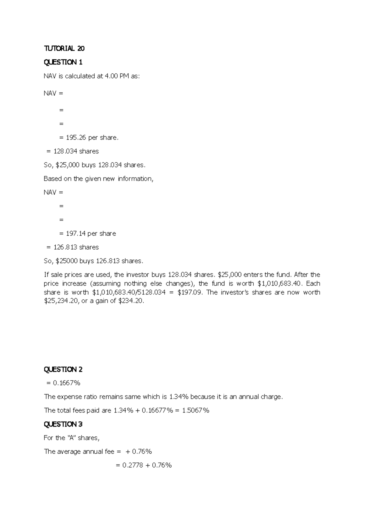 Tutorial 20 Answer - finance - TUTORIAL 20 QUESTION 1 NAV is calculated ...