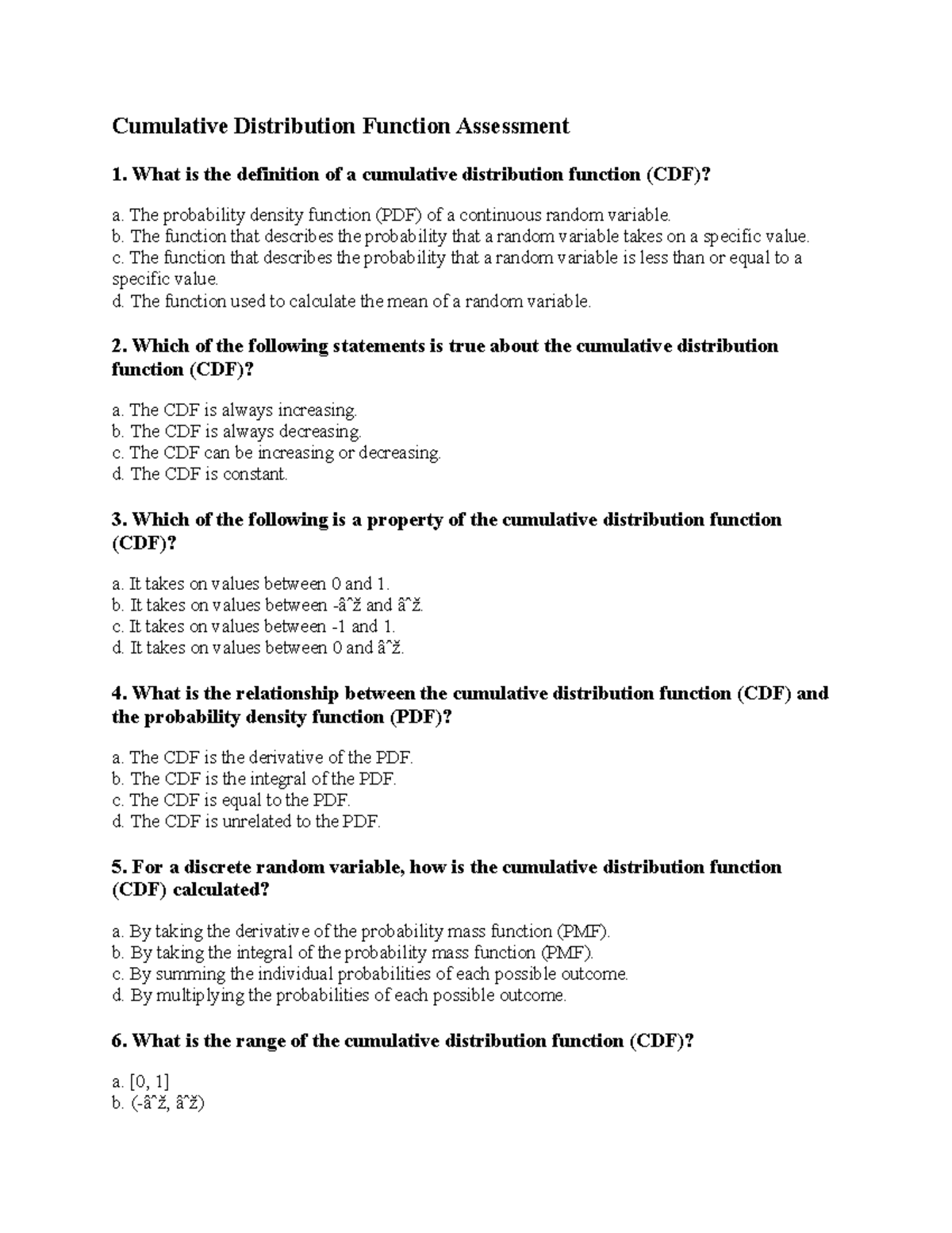 CDF - assignment - Cumulative Distribution Function Assessment 1. What ...