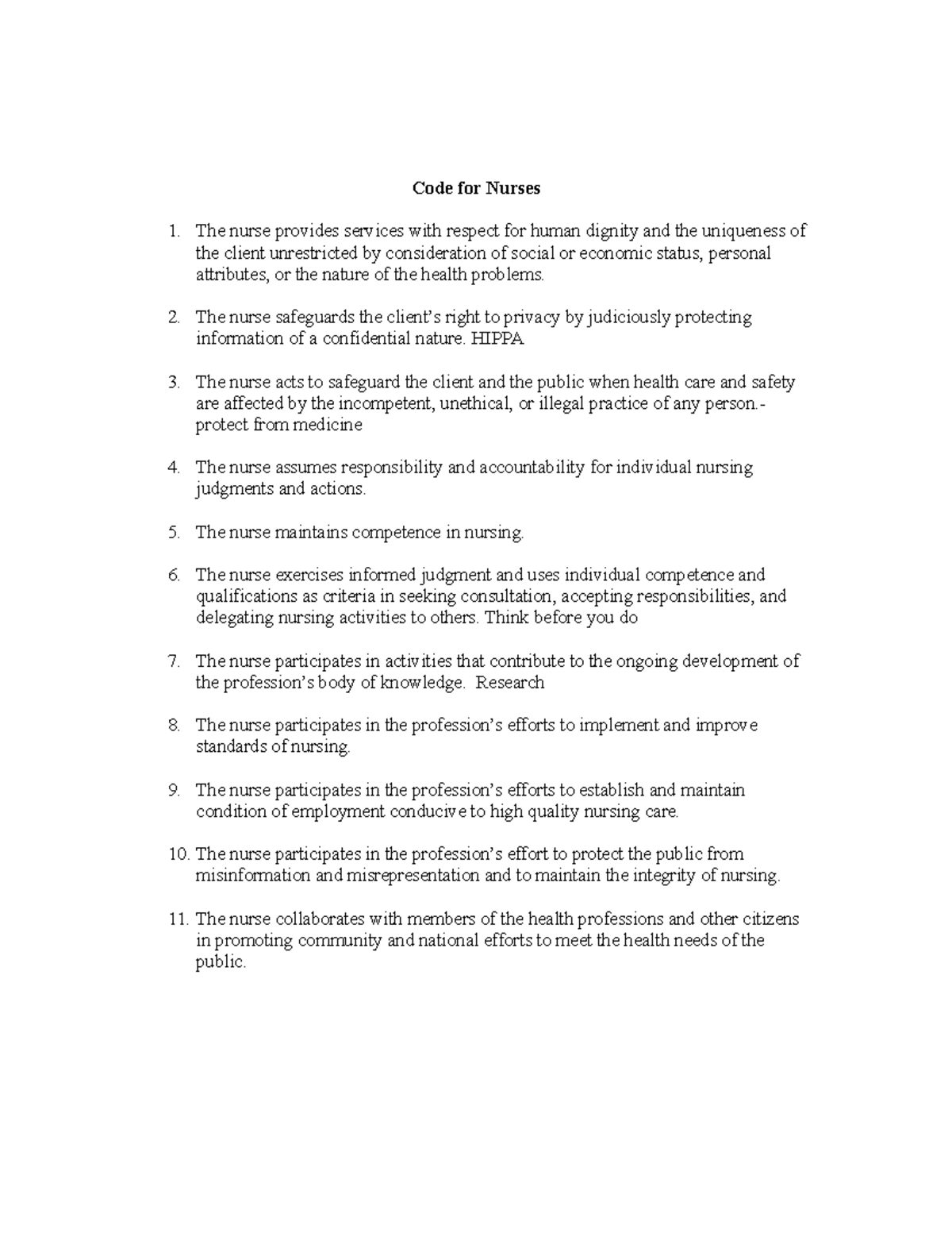 Code for Nurses - Code for Nurses The nurse provides services with ...