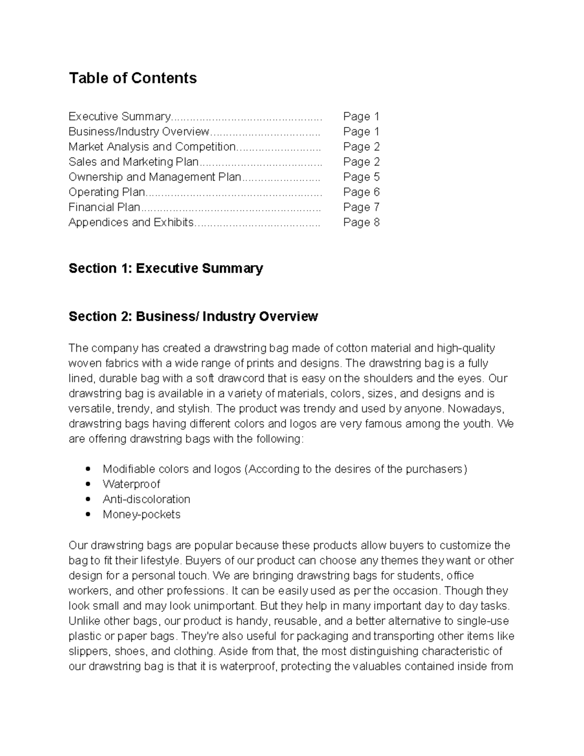 Business-Plan - Business plan - Table of Contents Executive - Studocu