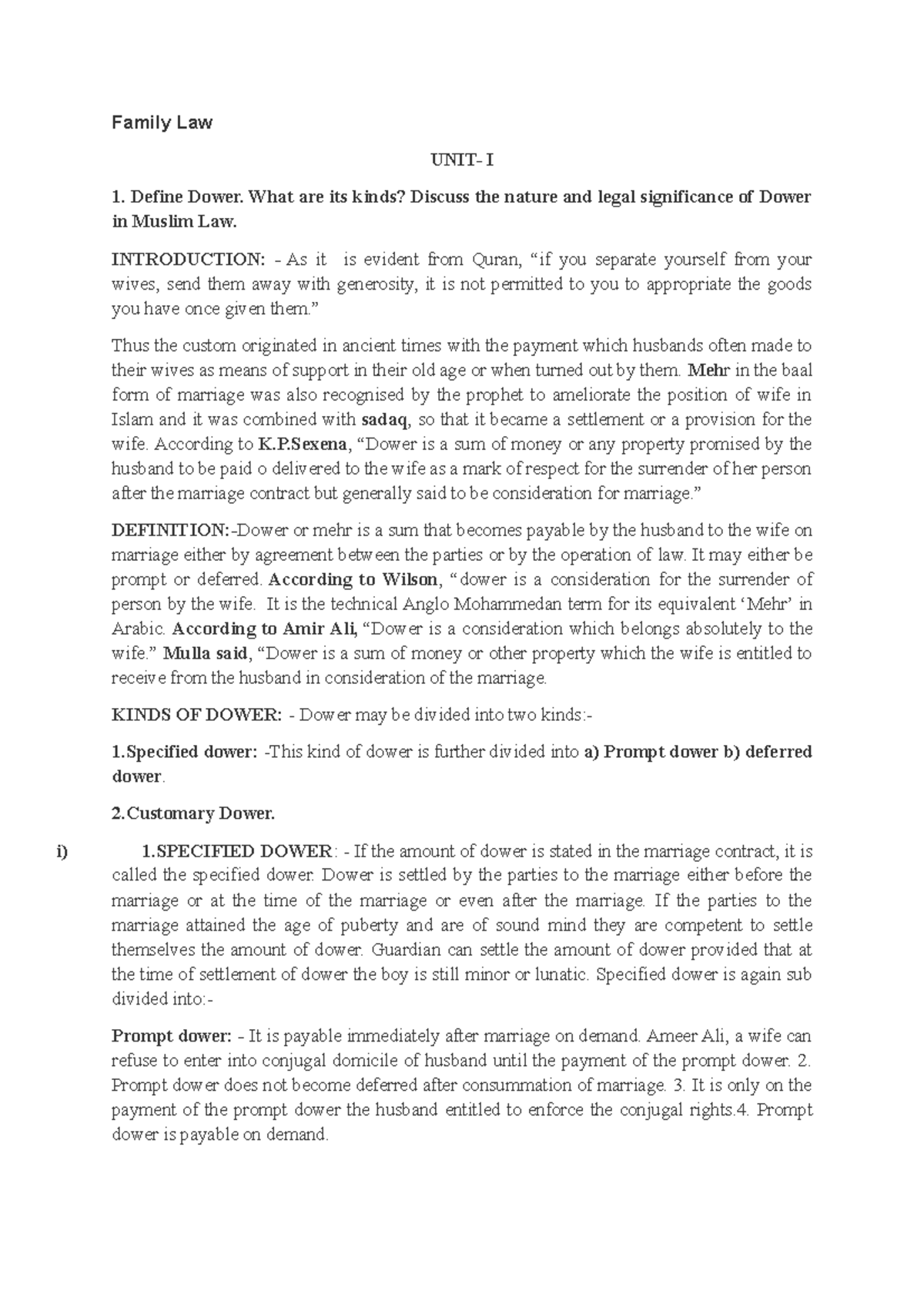 Family Law - use this as secondary source - Family Law **UNIT- I Define ...