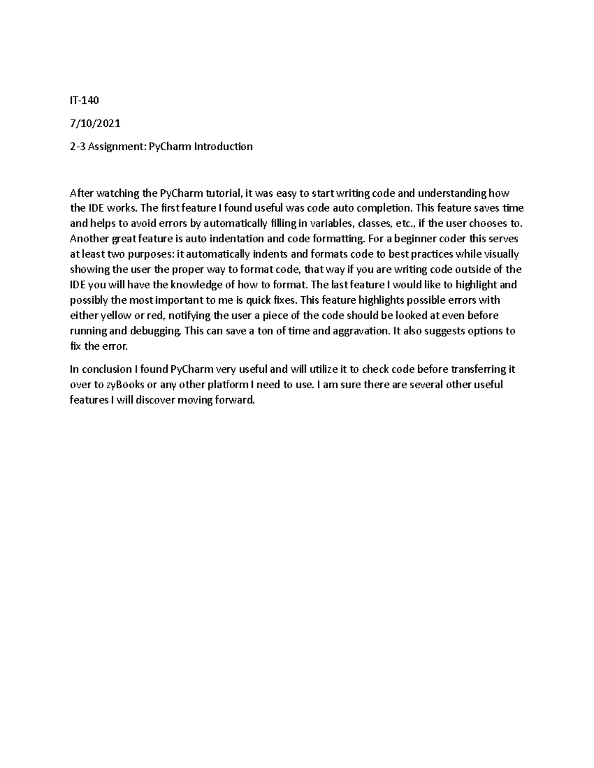 2-3 Assignment - IT- 7/10/ 2-3 Assignment: PyCharm Introduction After ...