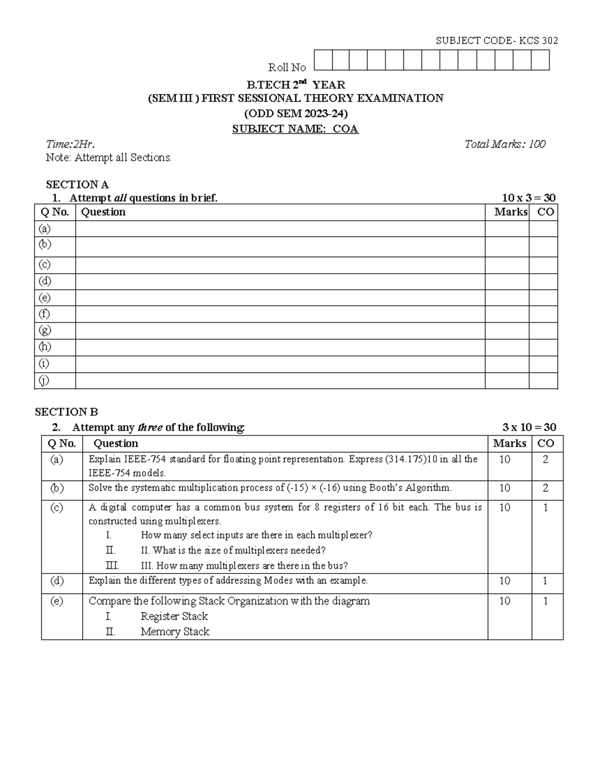 Question Paper Format First Sessional-1 - SUBJECT CODE- KCS 302 Roll No ...