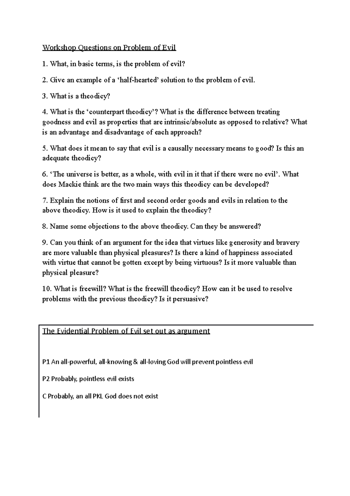 Workshop Questions Week 4 - Workshop Questions on Problem of Evil What ...