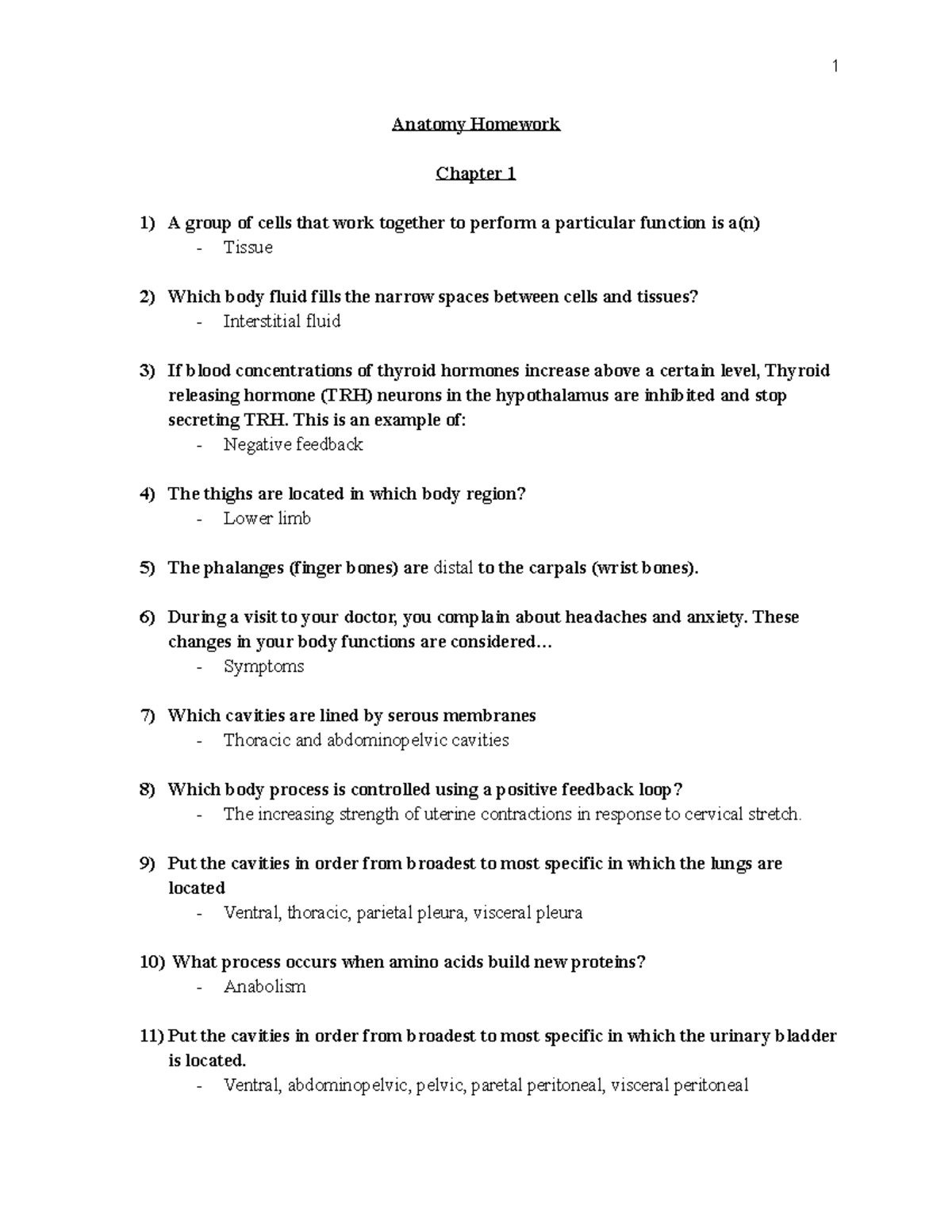 Anatomy HW Ch. 1, 2, 3, 4, 5, 24, 26 - Anatomy Homework Chapter 1 A ...