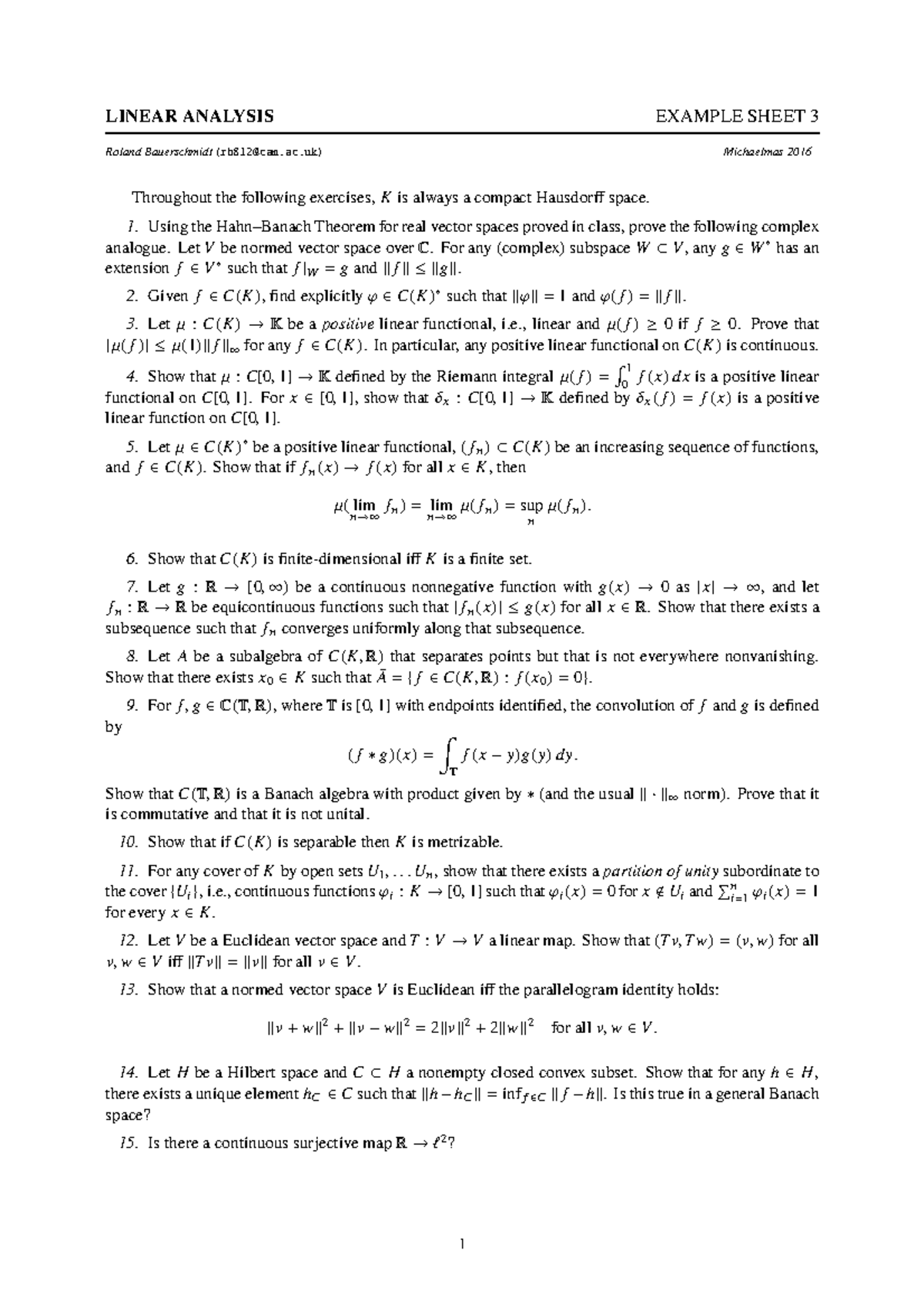 Linear Analysis 2016-2017 Example Sheet 3 - LINEAR ANALYSIS EXAMPLE ...