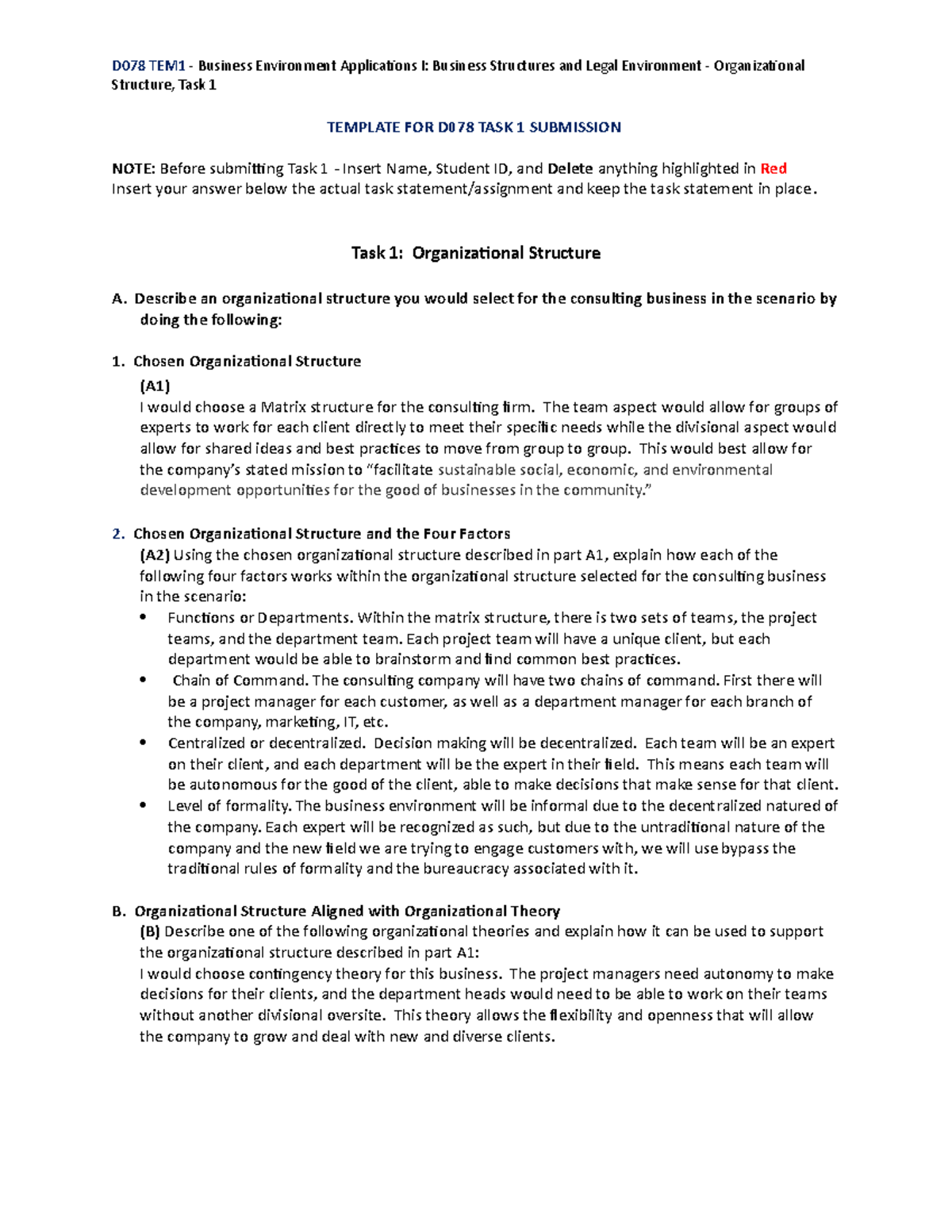 D078 Task 1 - Task 1 - D078 TEM1 - Business Environment Applications I ...