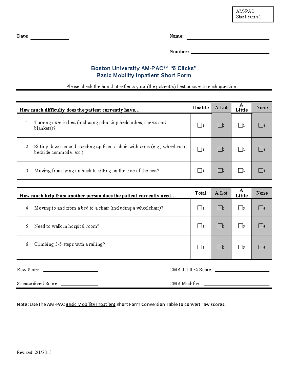 AM PAC Form Filable - Revised: 2/1/ AM-PAC Short Form 1 Date: Name ...