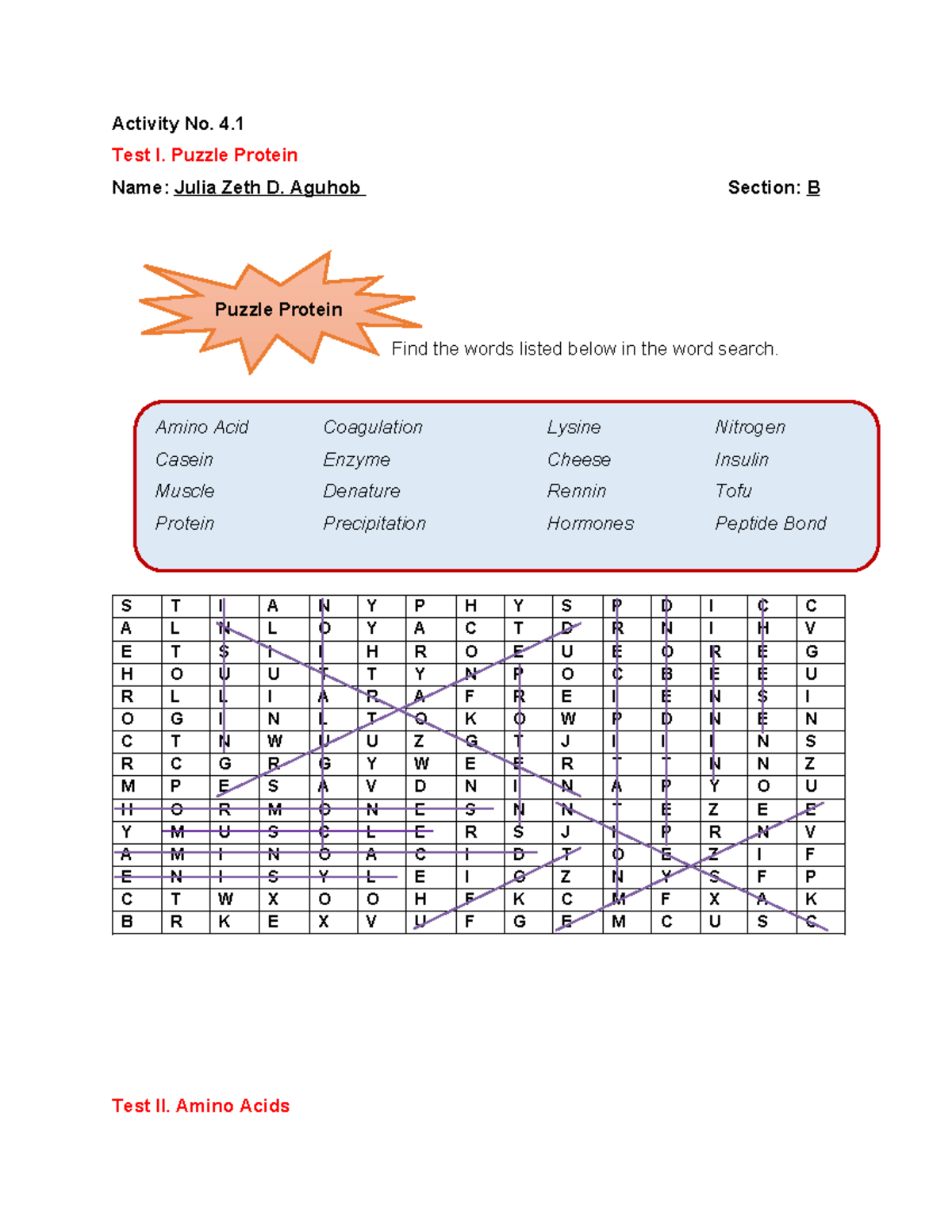 Activity No. 5.1 Puzzle Protein - Activity No. 4. Test I. Puzzle ...