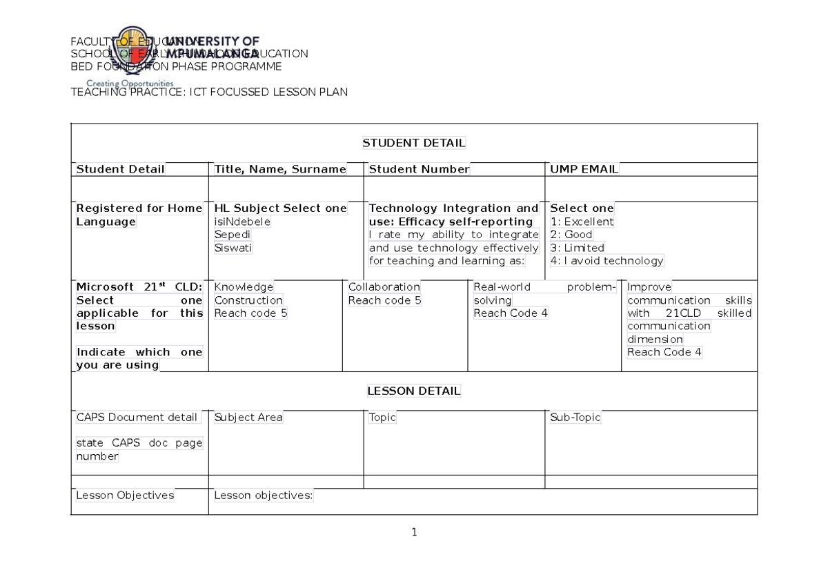 FTM402 Lesson Plan Template Integrating 4 MS Dimensions - SCHOOL OF ...