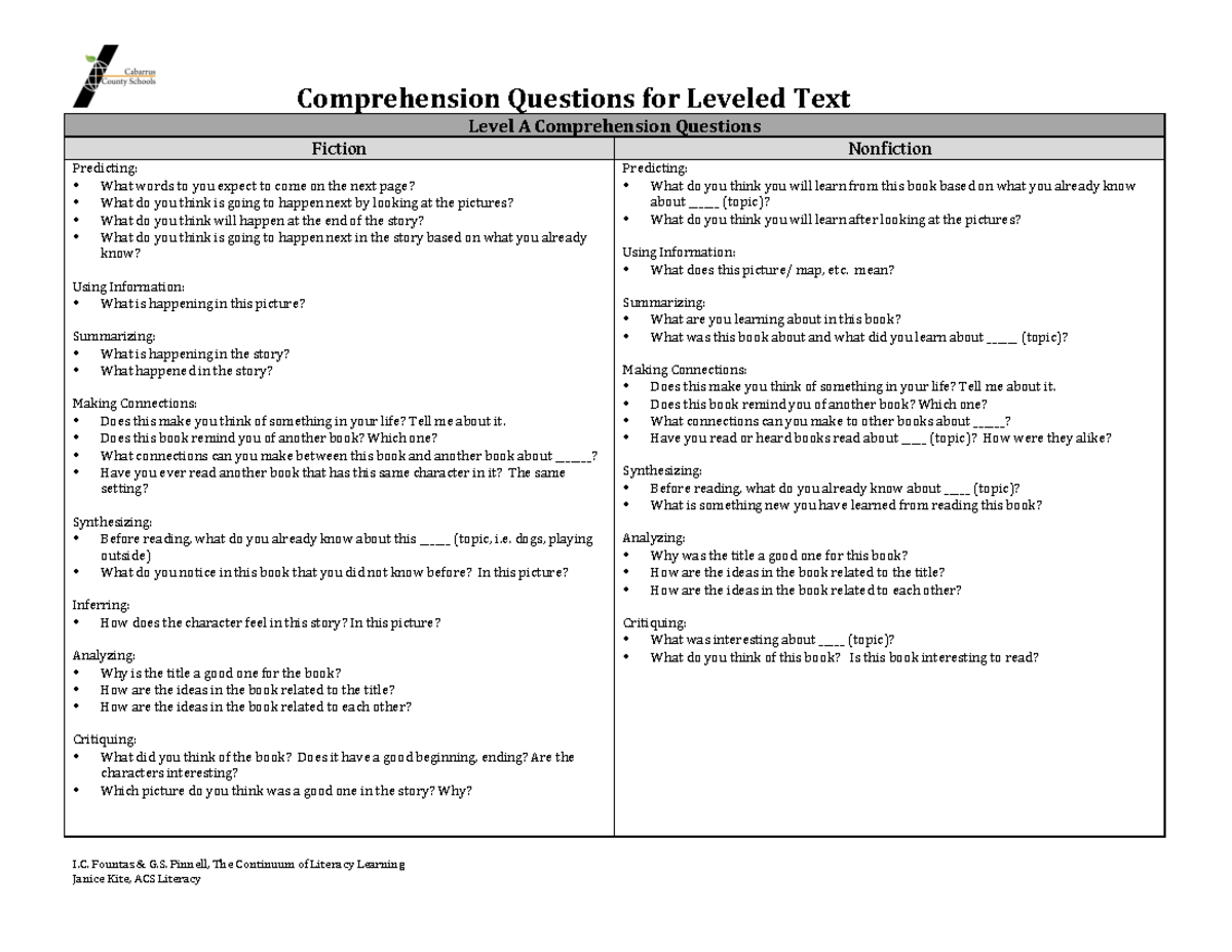 Reading Level-Comprehension Questions - I. Fountas & G. Pinnell, The ...