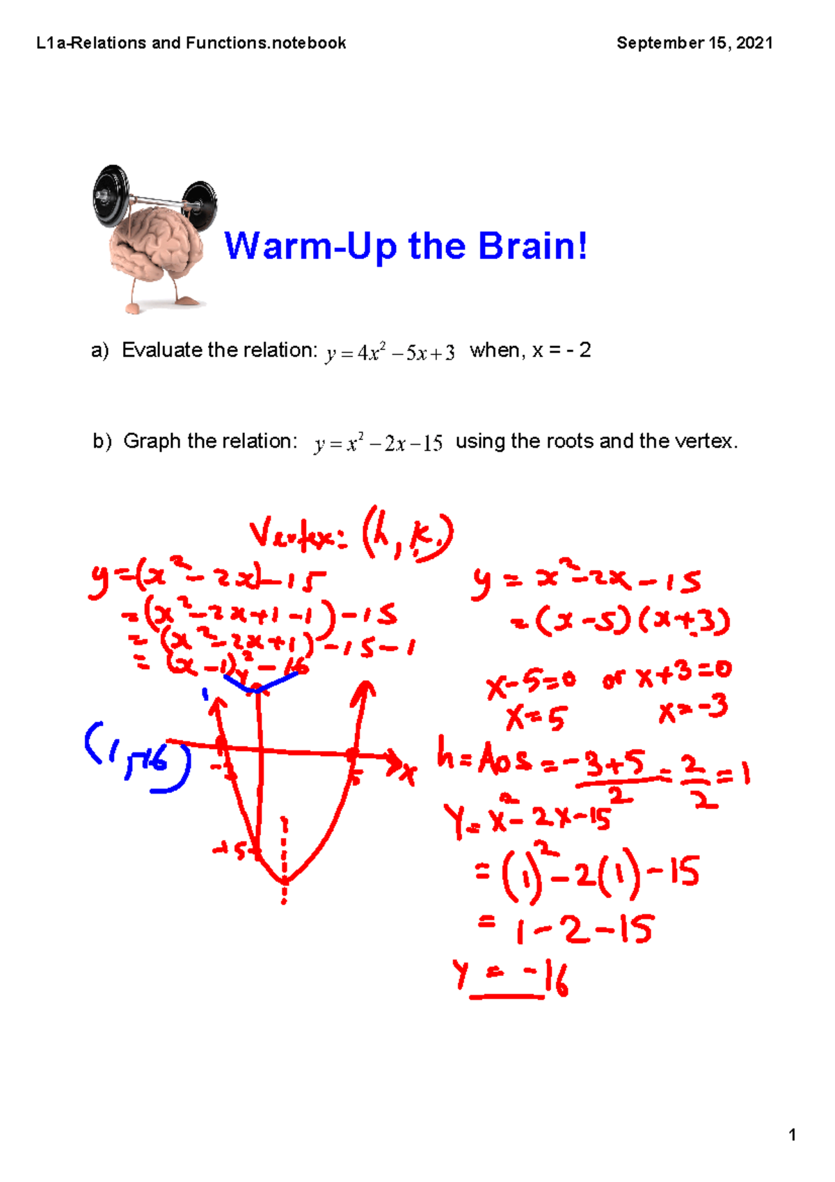 L1a-Relations and Functions - Copy - WarmUp the Brain! a) Evaluate the relation: when, x = 2 b ...