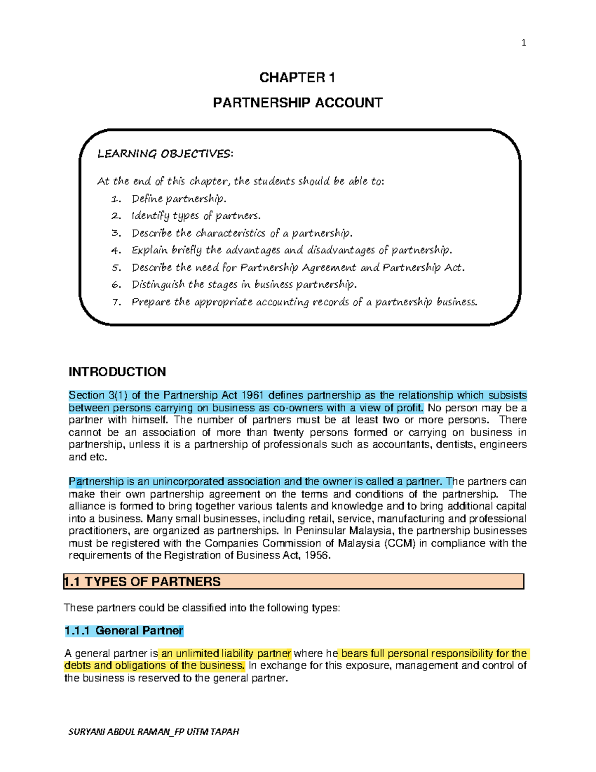 FAR160 Chapter 1 (FULL) Notes - CHAPTER 1 PARTNERSHIP ACCOUNT ...