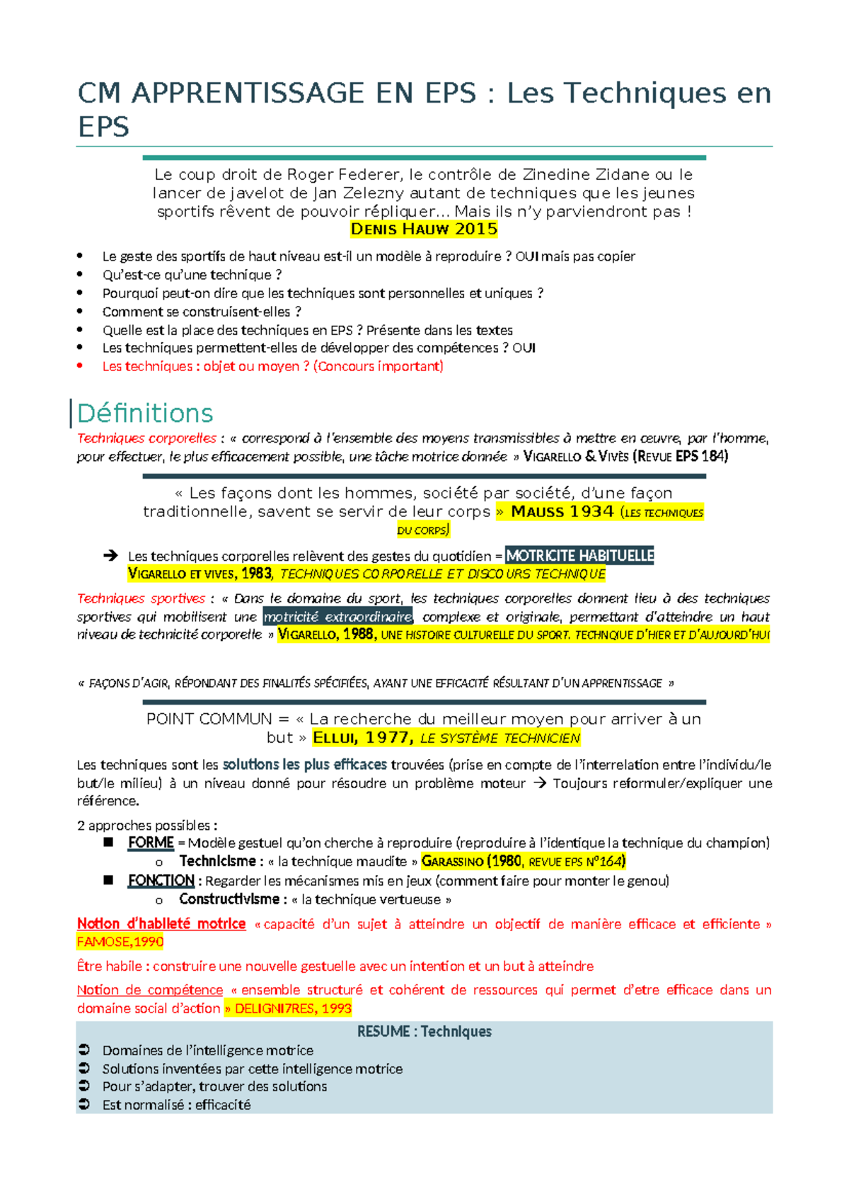 CM Techniques - Résumé Meef EPS - CM APPRENTISSAGE EN EPS : Les ...