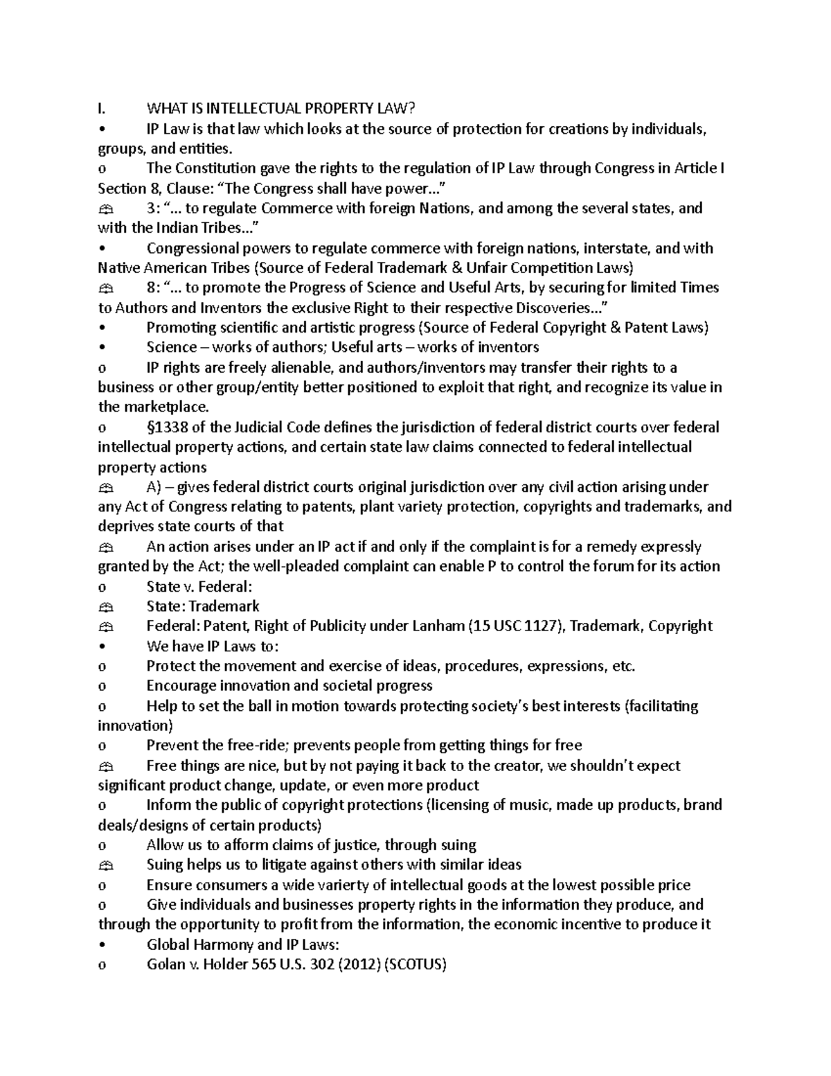 copyright outline - I. WHAT IS INTELLECTUAL PROPERTY LAW? IP Law is ...