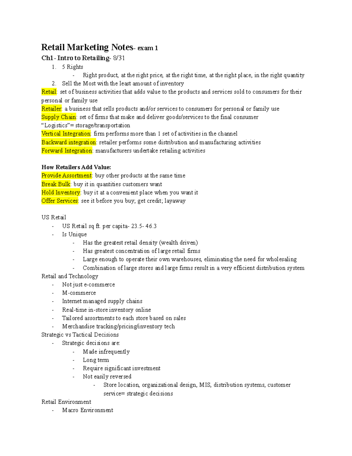 Retail Marketing- 4250 Notes EXAM 1 - Retail Marketing Notes- exam 1 ...
