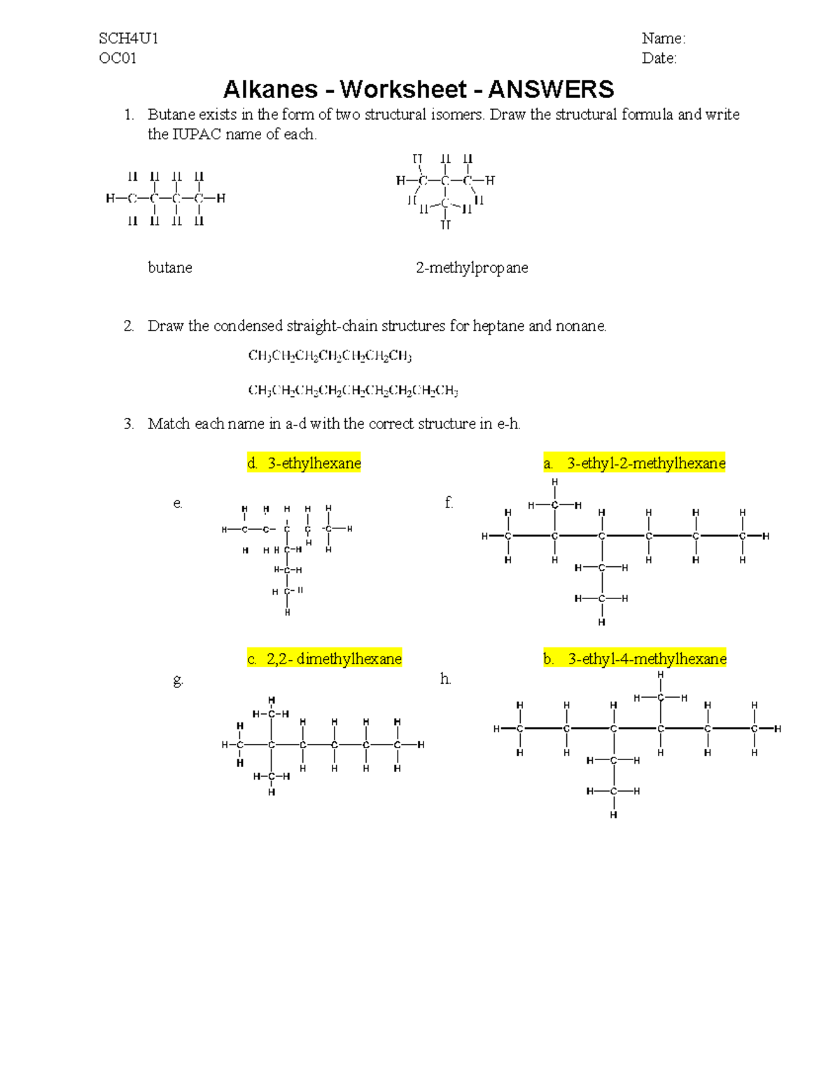 Oc01 Alkanes Worksheet Answers Sch4u1 Name Oc01 Date Alkanes