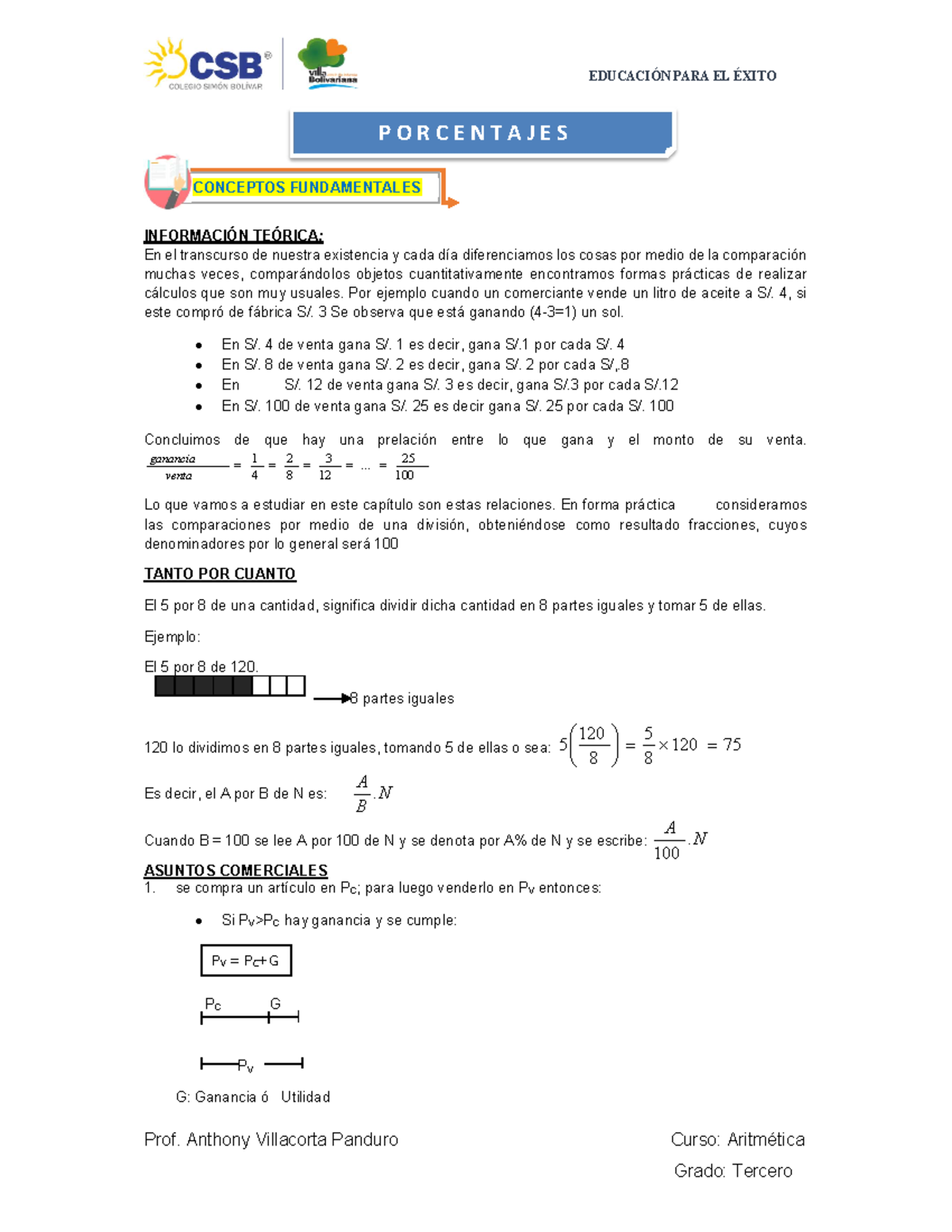 Porcentajes 3RO - EDUCACIÓN PARA EL ÉXITO Prof. Anthony Villacorta ...