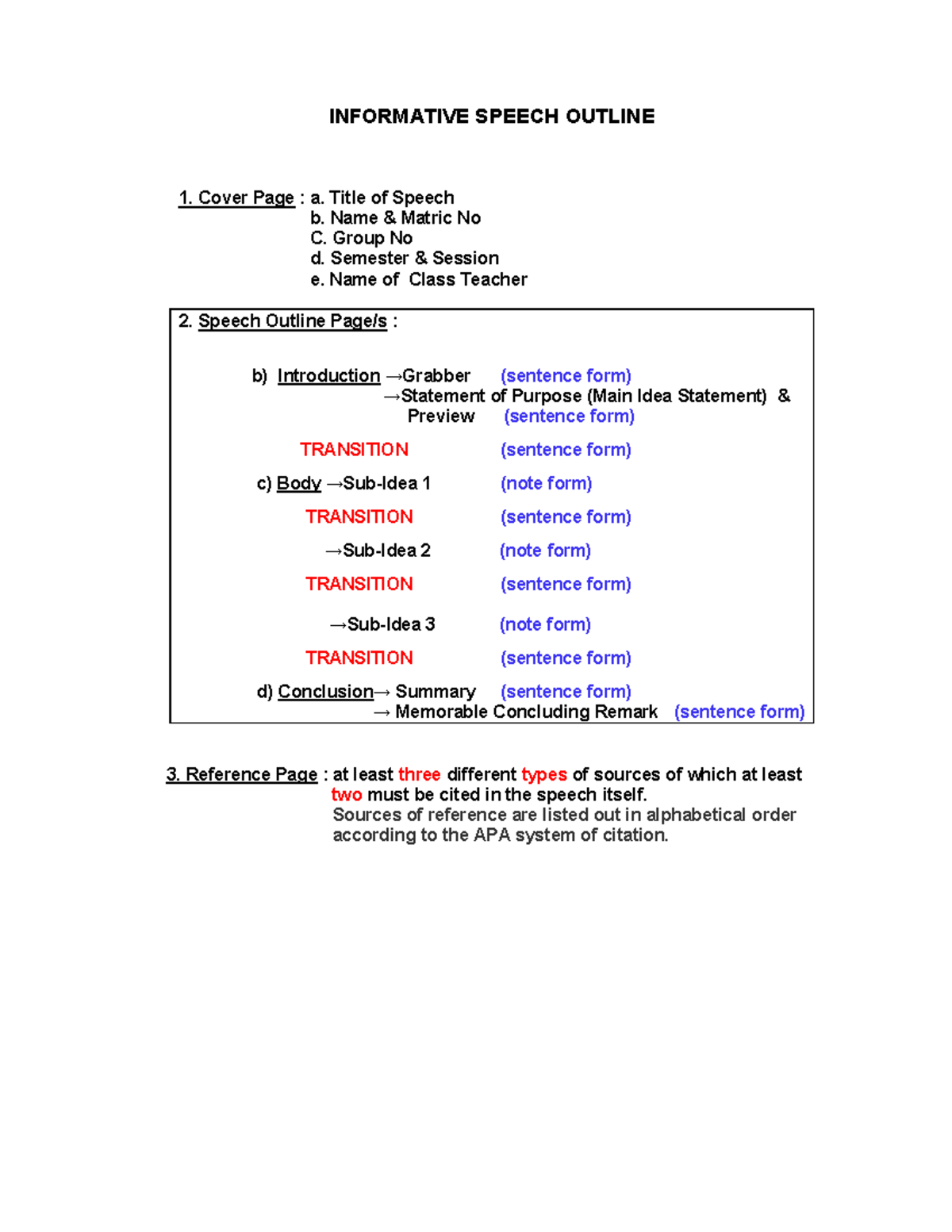 Format OF Informative Speech Outline - INFORMATIVE SPEECH OUTLINE Cover ...