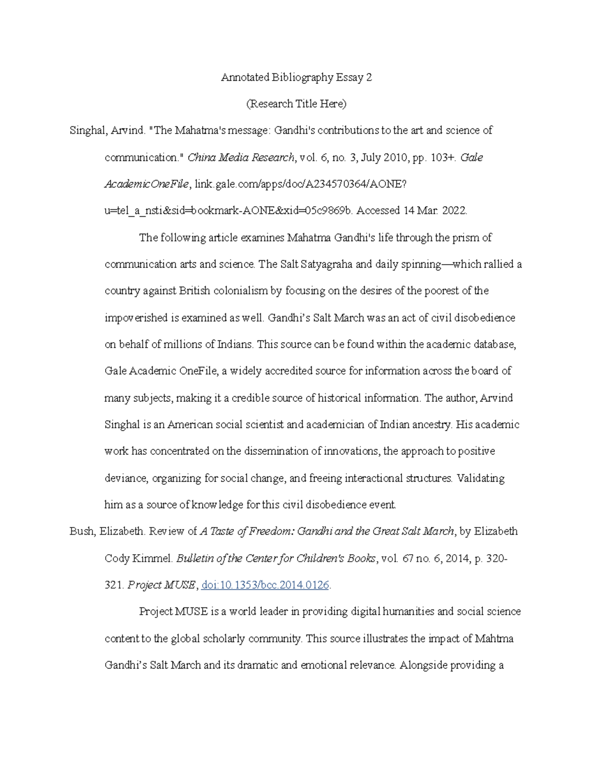 Essay 2- Annotated Bibliography - Annotated Bibliography Essay 2 ...