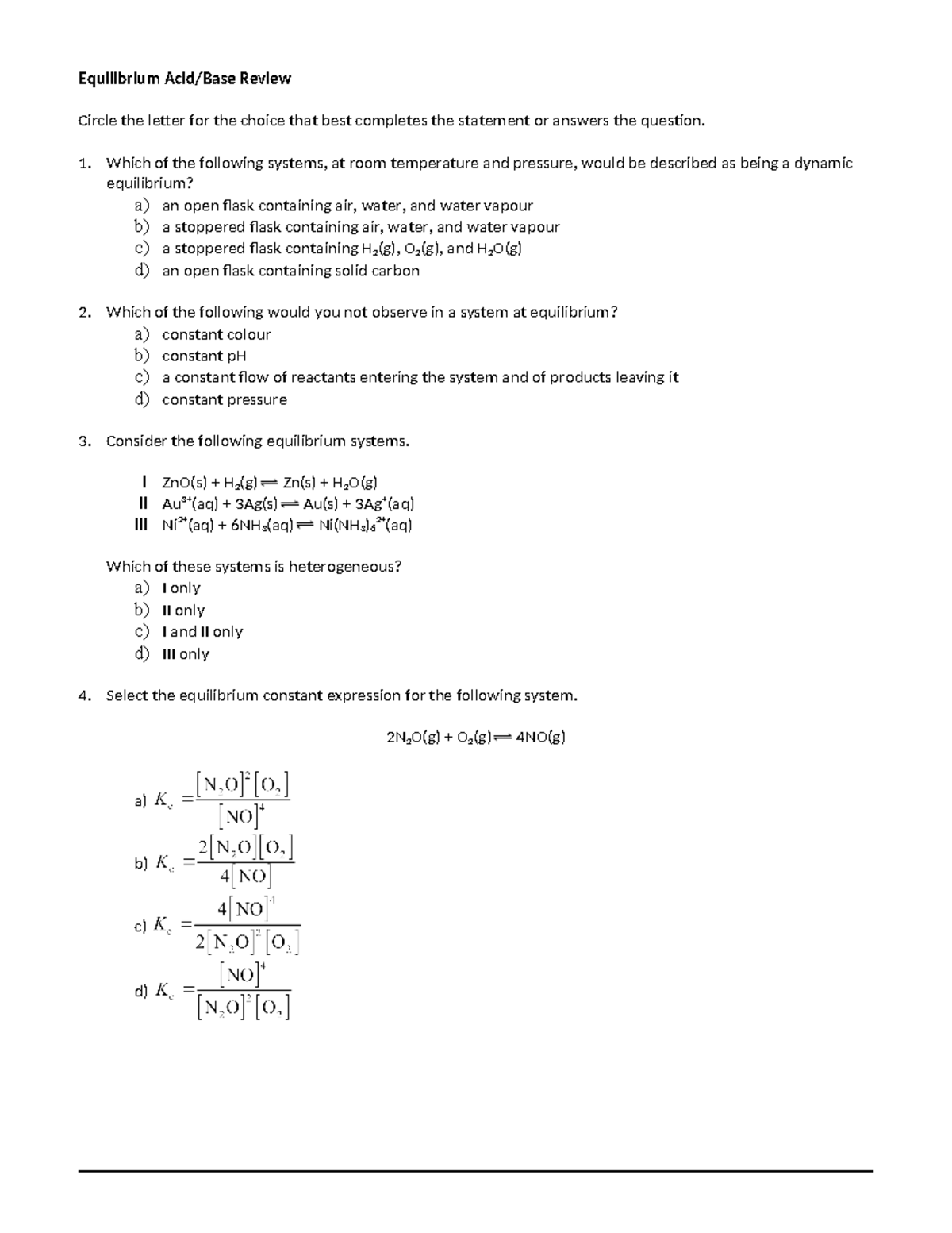 Equilibrium Acid Base Review 2022 - Equilibrium Acid/Base Review Circle ...