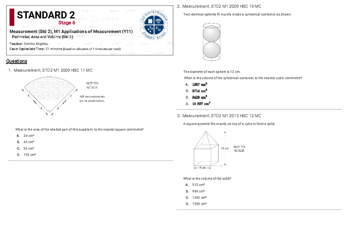 Perimeter Area Volume Multiple C - 1. Measurement, STD2 M1 2009 HSC 11 ...