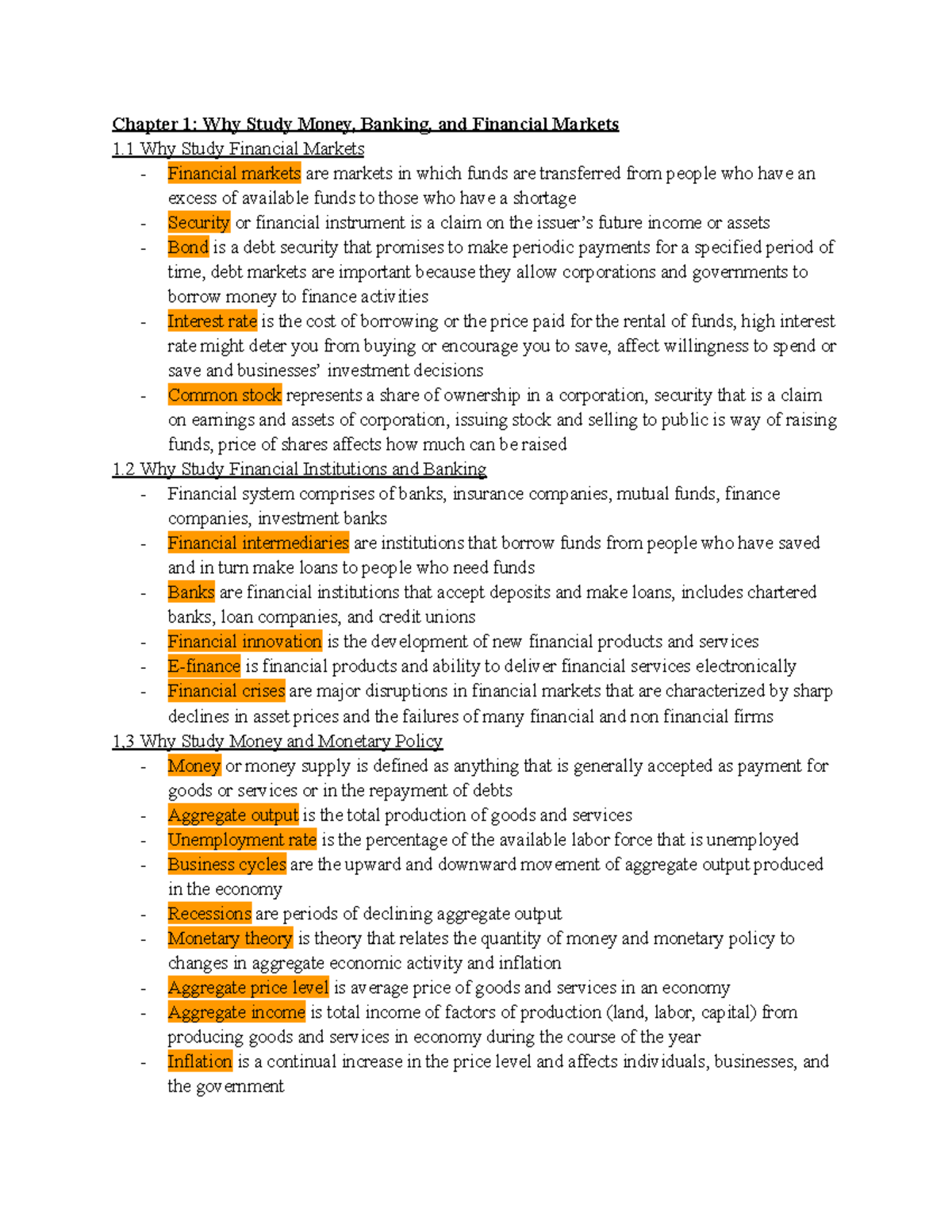 ECON 206 Textbook Notes - Chapter 1: Why Study Money, Banking, and ...
