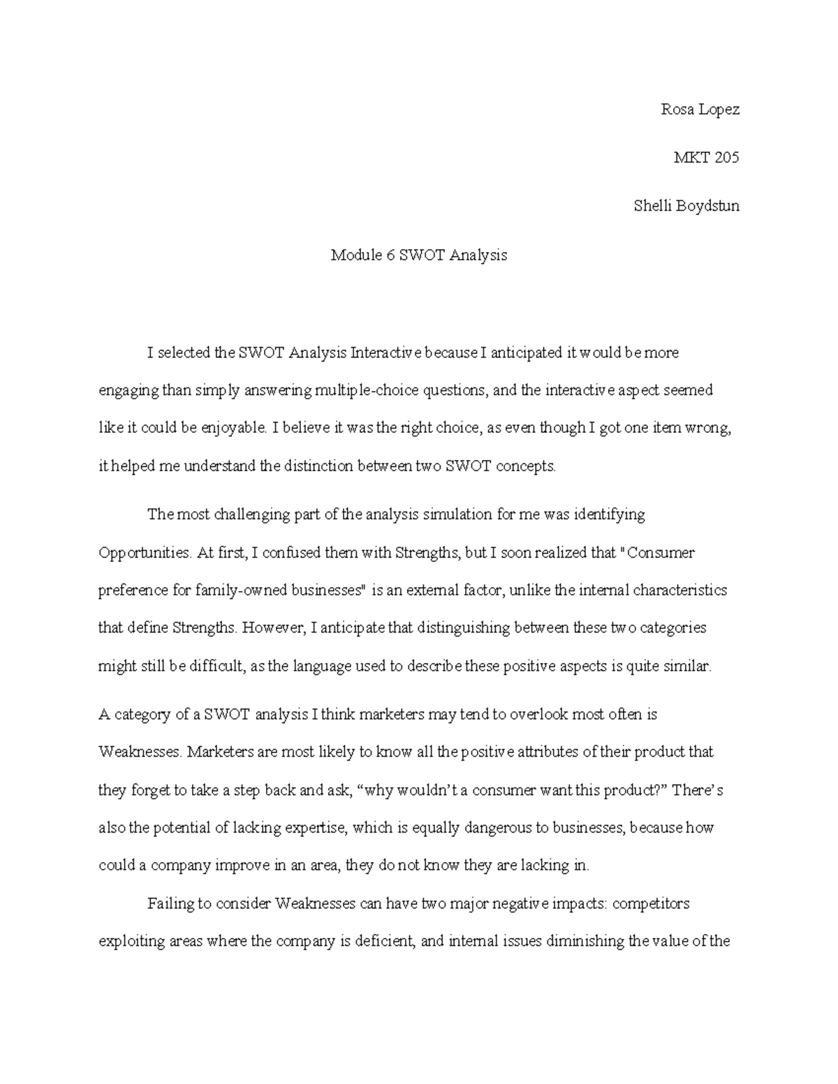6-2 SWOT Analysis: Reflections - Rosa Lopez MKT 205 Shelli Boydstun ...