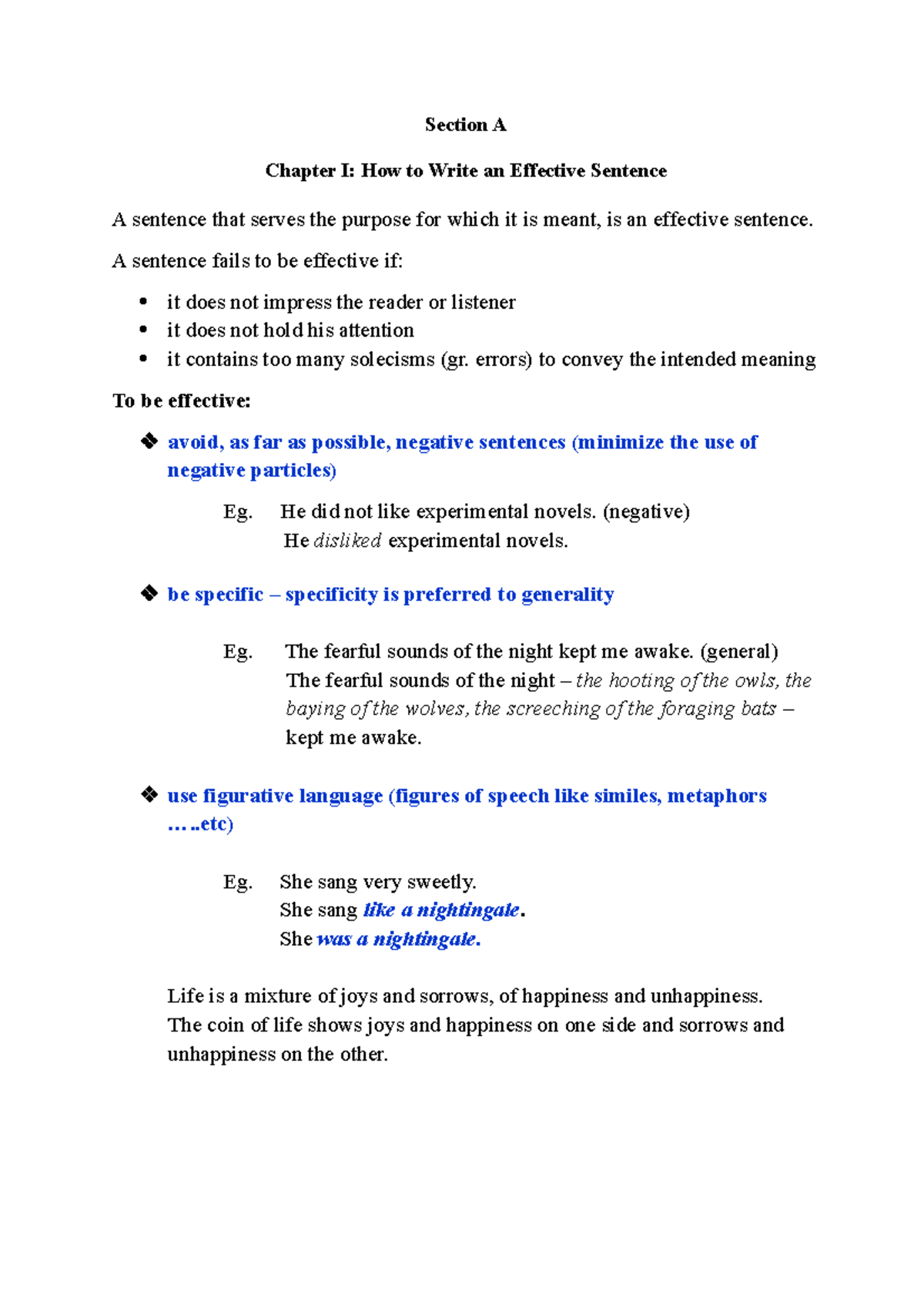 Chapter 1 Effective Sentences and how ti write a sentence - Section A ...