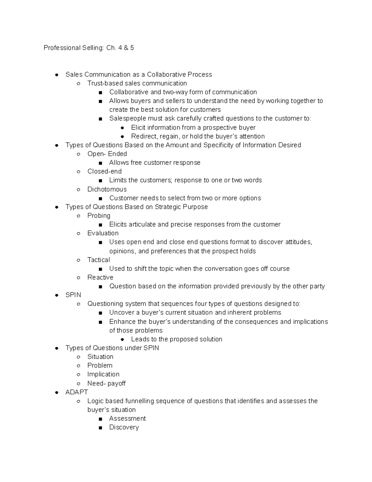 Professional Selling Ch 4 &5 - Professional Selling: Ch. 4 & 5 Sales ...